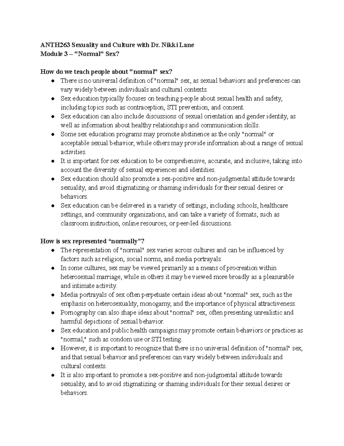 Module 3 Normal Sex Notes From Summer Session With Professor Nikki