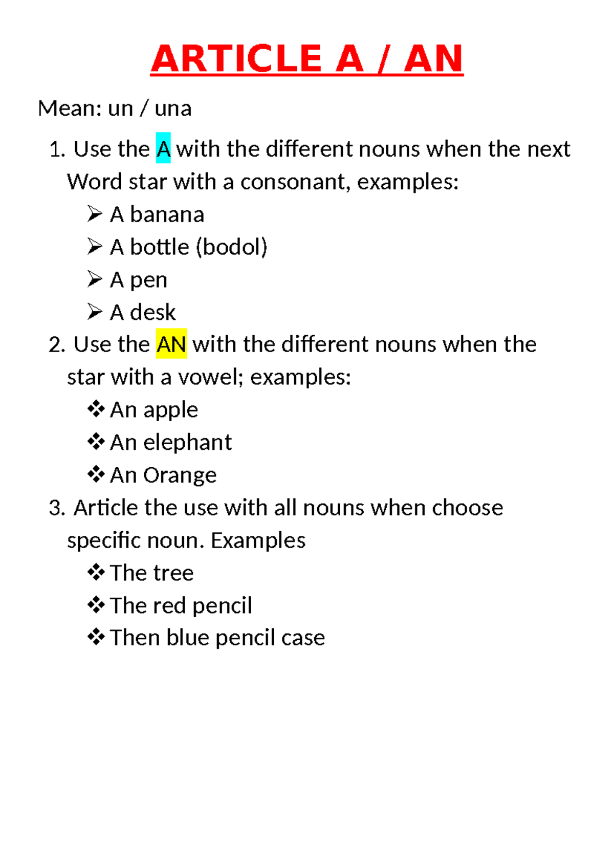 Article A teoria - ARTICLE A / AN Mean: un / una 1. Use the A with the ...