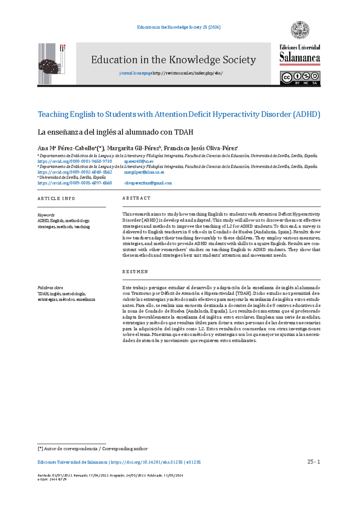 EKS v25 8 31235 - TEACHING PRACTICE - Education in the Knowledge Society 25 (2024) Education in ...