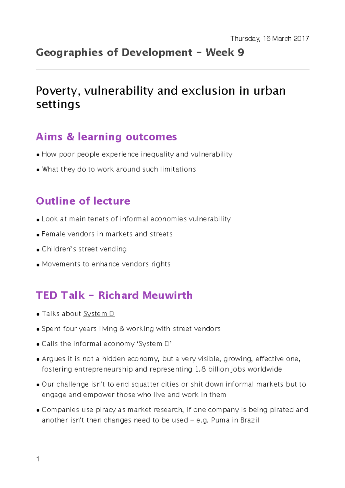 Geographies of Development - Lecture 9 - Thursday, 16 March 2017 ...