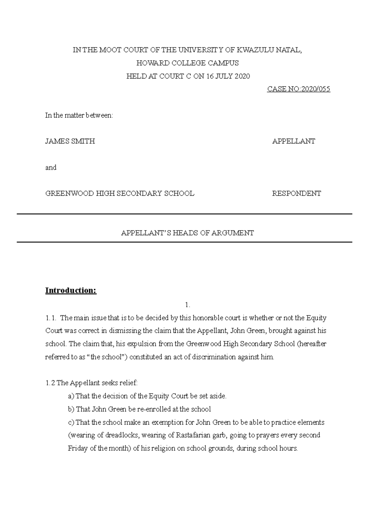 216010185 Moot Heads of Argument. Final - IN THE MOOT COURT OF THE ...