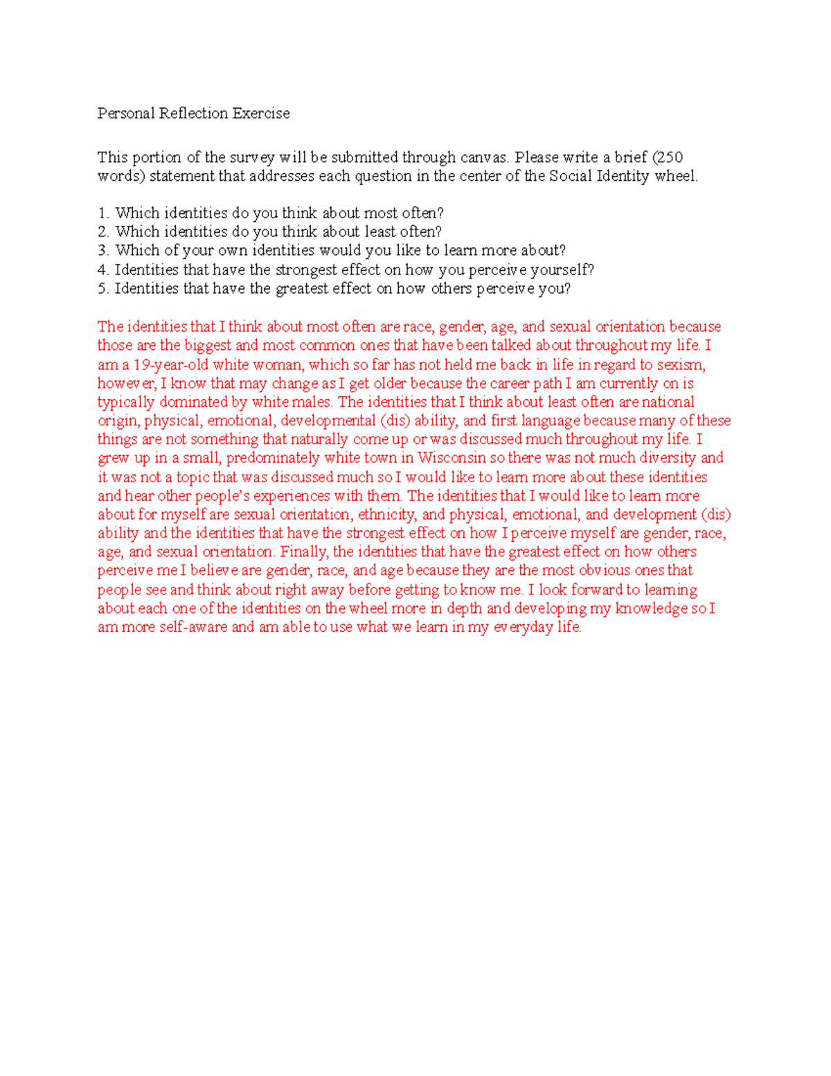 Personal Reflection Exercise - Please write a brief ( words) statement ...