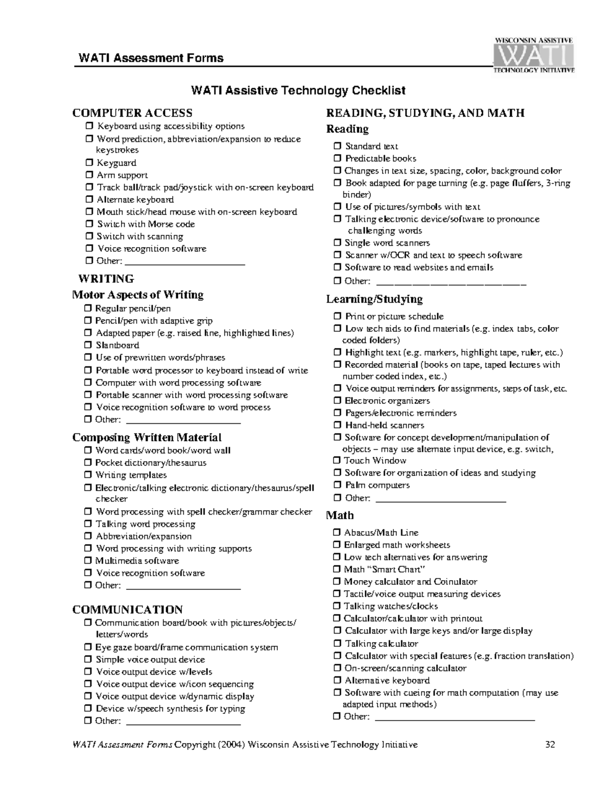 02 Assistive technology checklist - WATI Assessment Forms Copyright ...