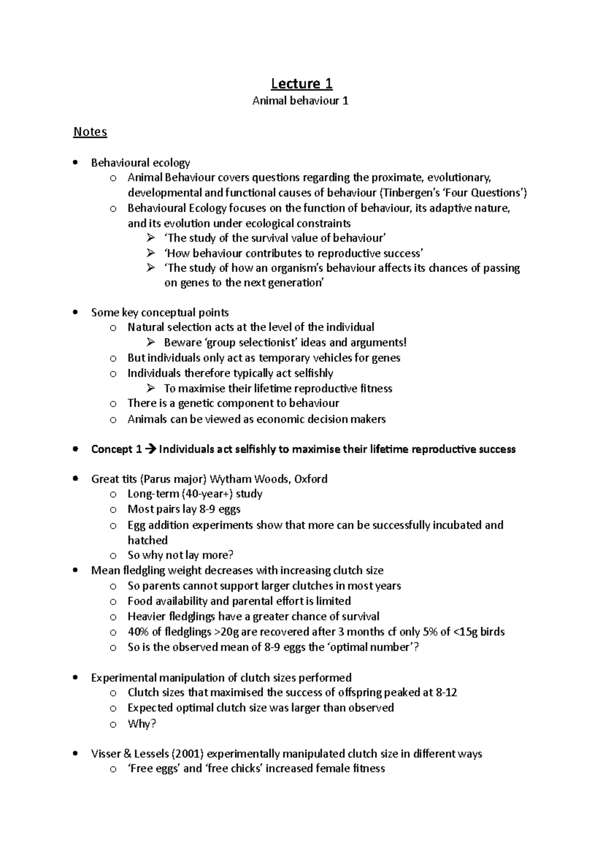 Animal observation 2 - Notes - Lecture 1 Animal behaviour 1 Notes ...