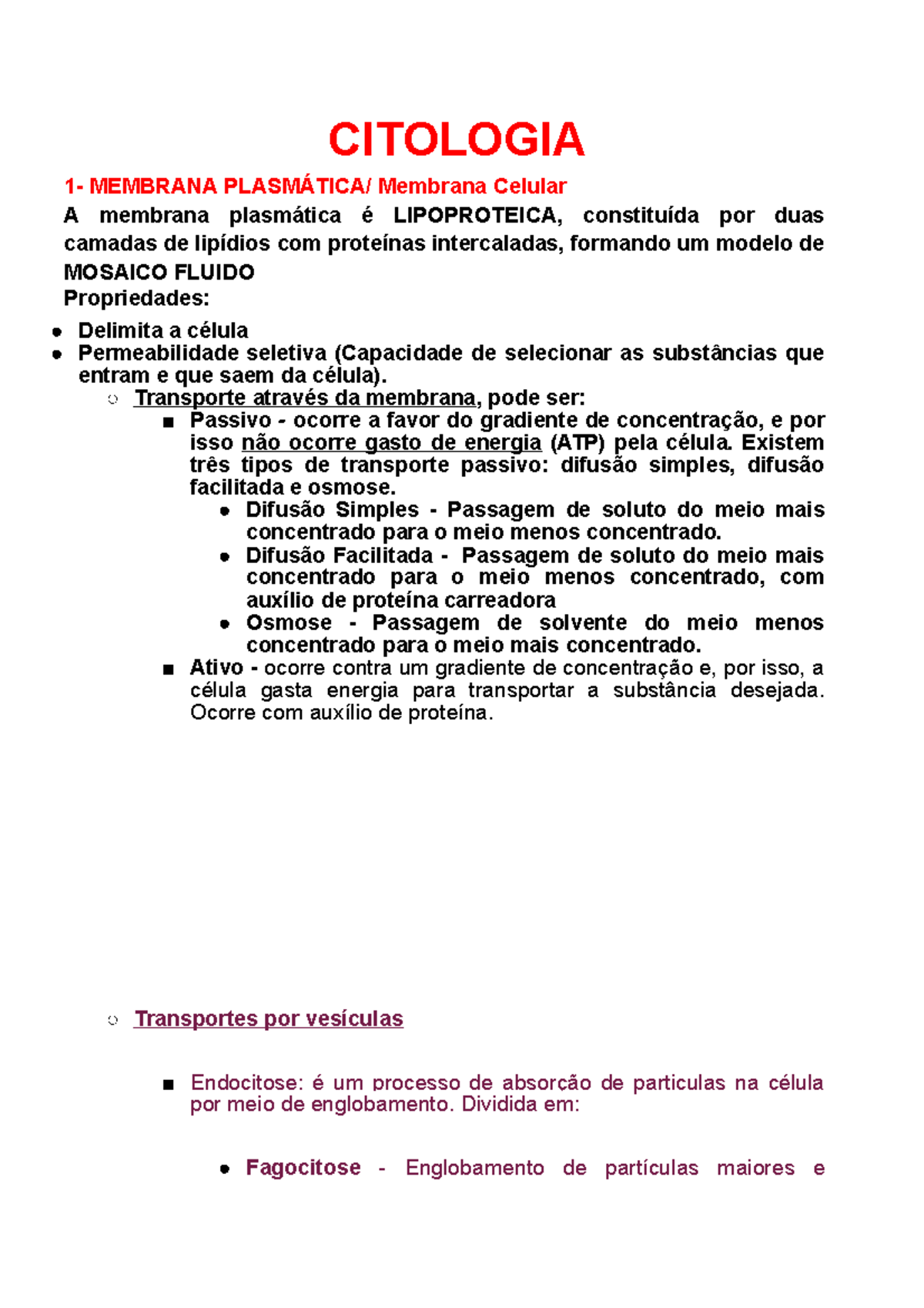 Resumo - Citologia I - Membrana Plasmática - CITOLOGIA 1- MEMBRANA ...