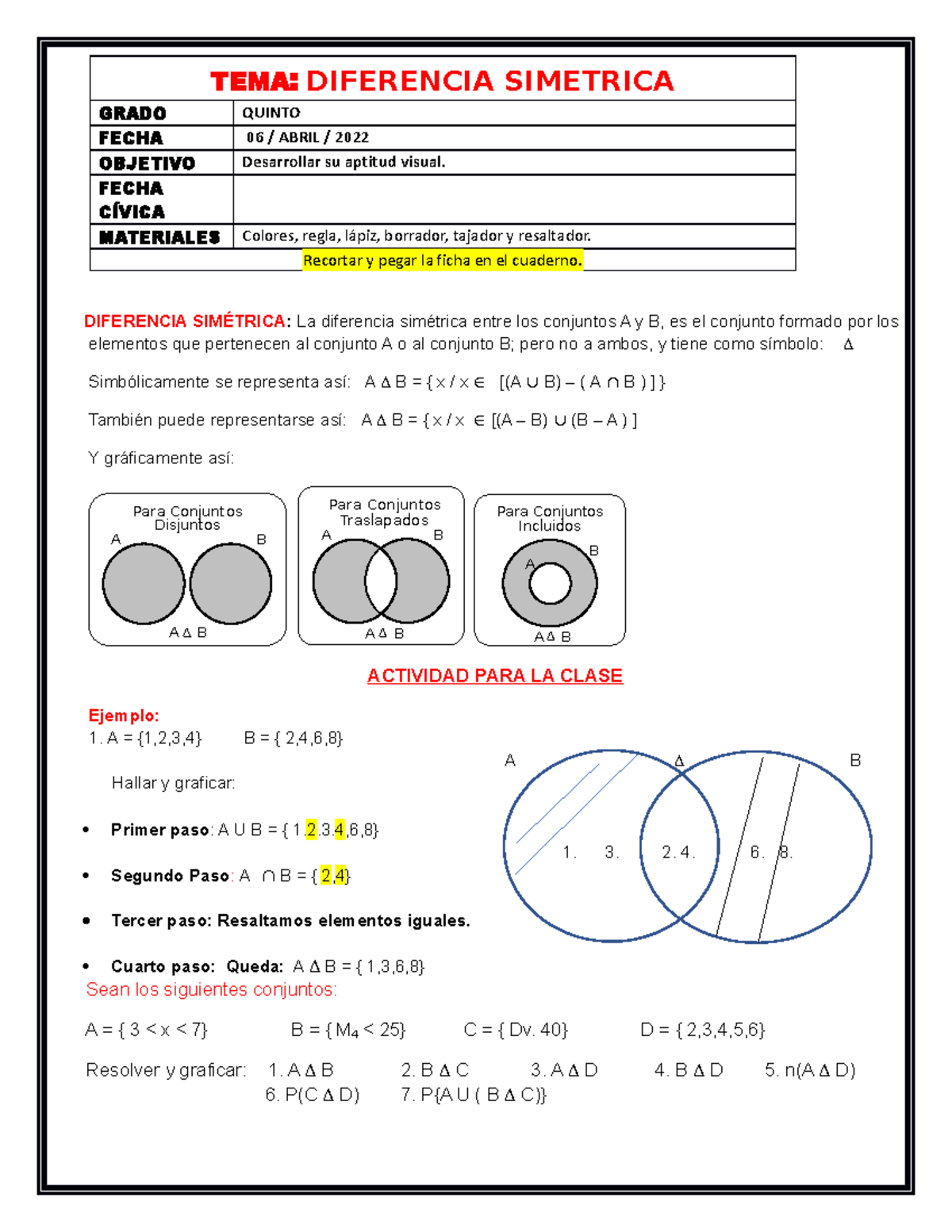 Diferencia simetrica 5g. 06 abril - TEMA: DIFERENCIA SIMETRICA GRADO ...