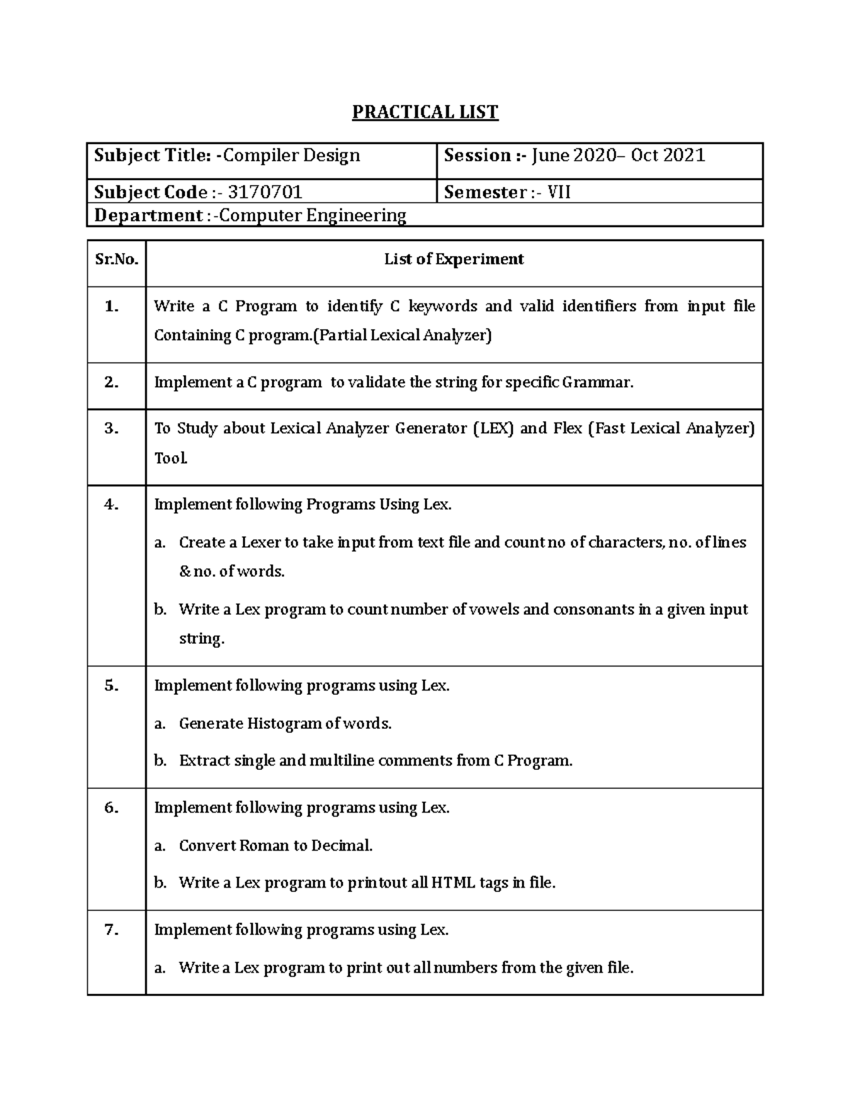 3 Practical List - computer - PRACTICAL LIST Subject Title: - Compiler Design Session :- June ...
