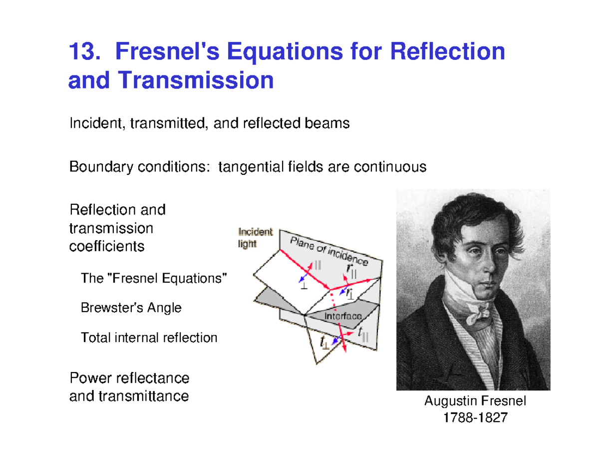 Lecture 13 NoTeS - 13. Fresnel's Equations for Reflection and ...