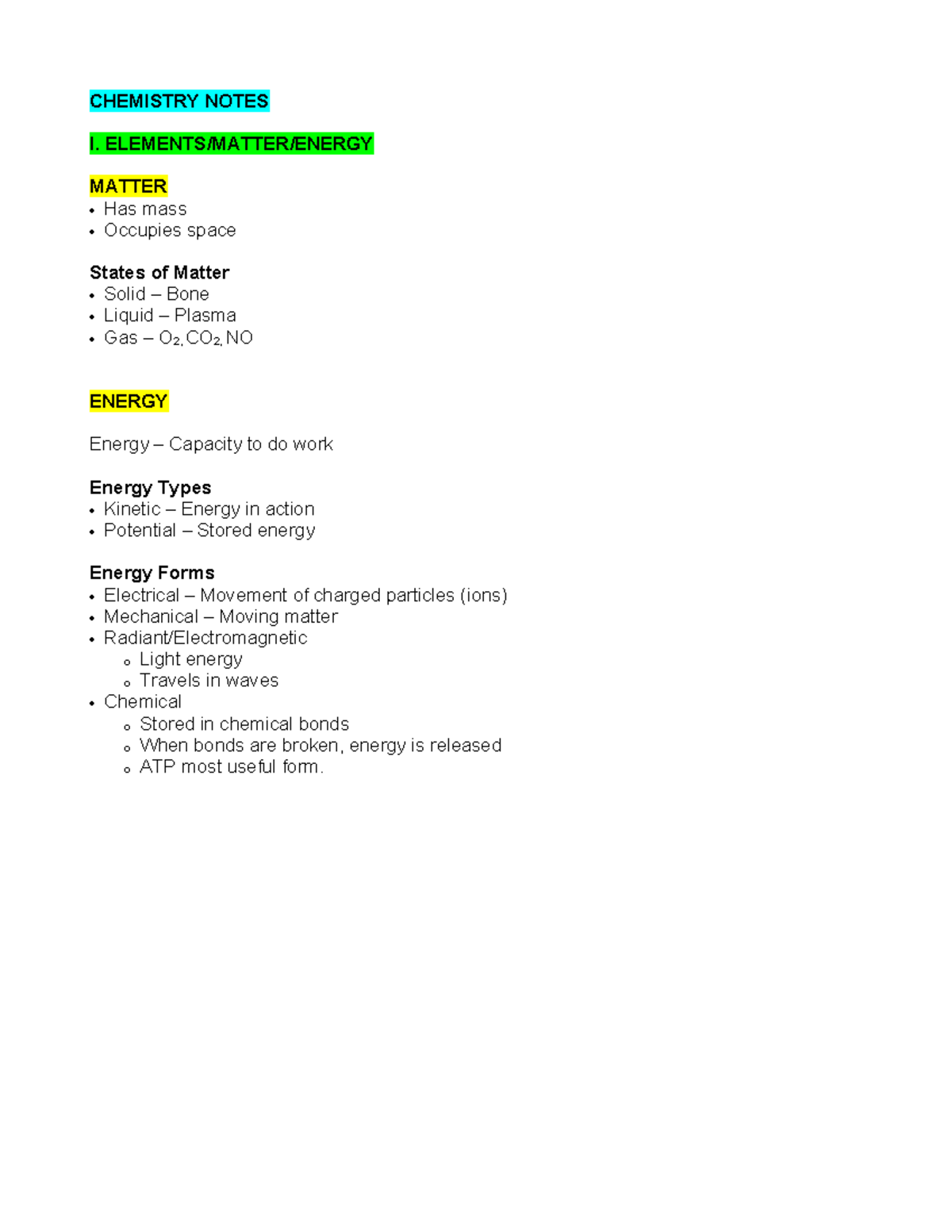 *2 Chemistry Notes* - CHEMISTRY NOTES I. ELEMENTS/MATTER/ENERGY MATTER ...
