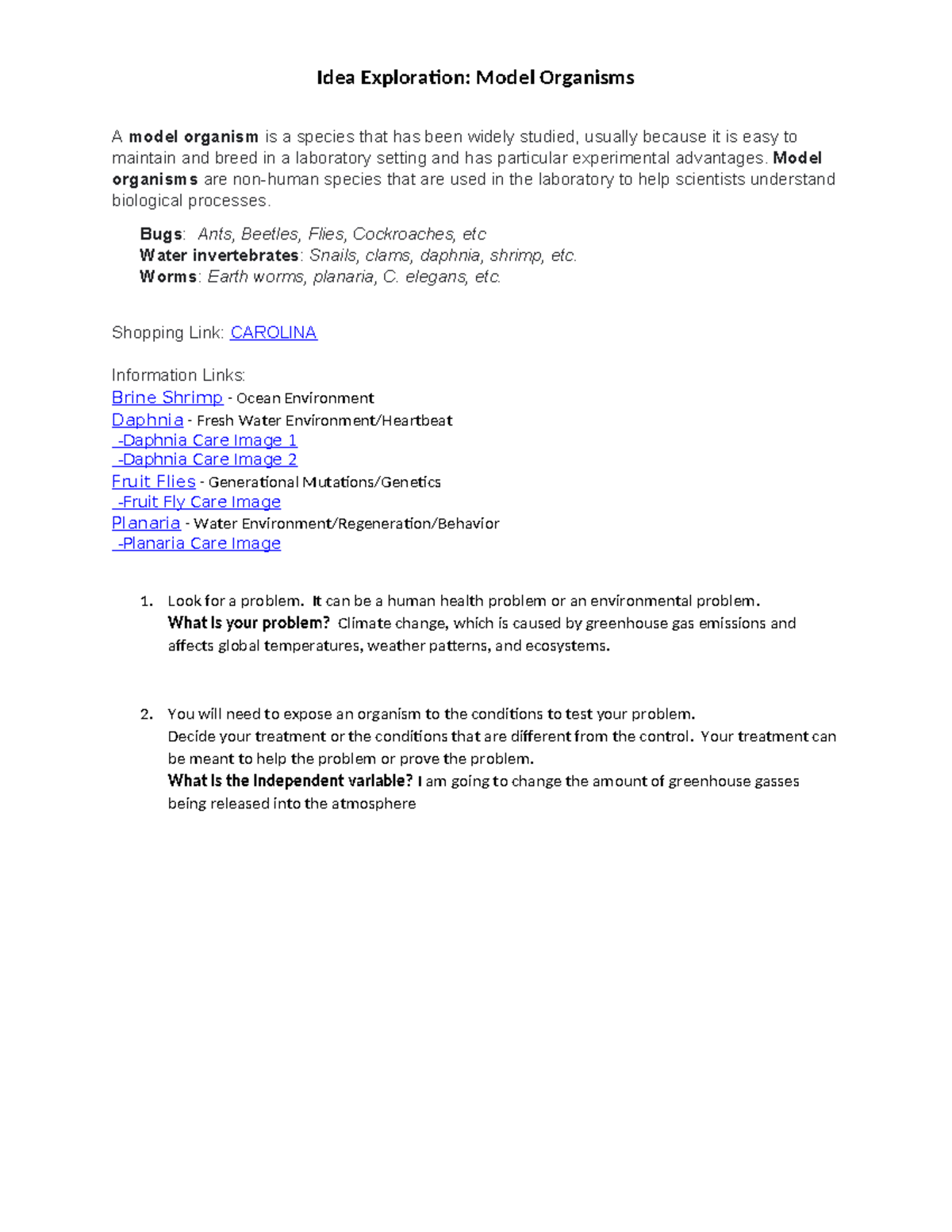 Model Organism Exploration - Idea Exploration: Model Organisms A model ...