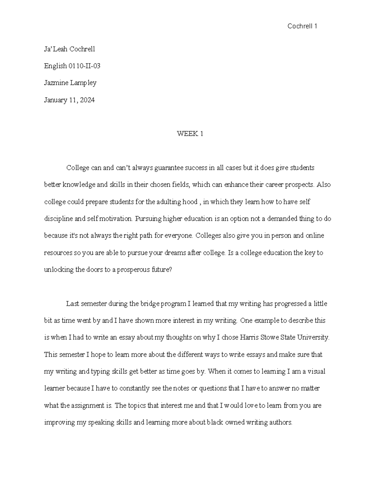 Assignment 1 - n/a - Cochrell 1 Ja’Leah Cochrell English 0110-II ...