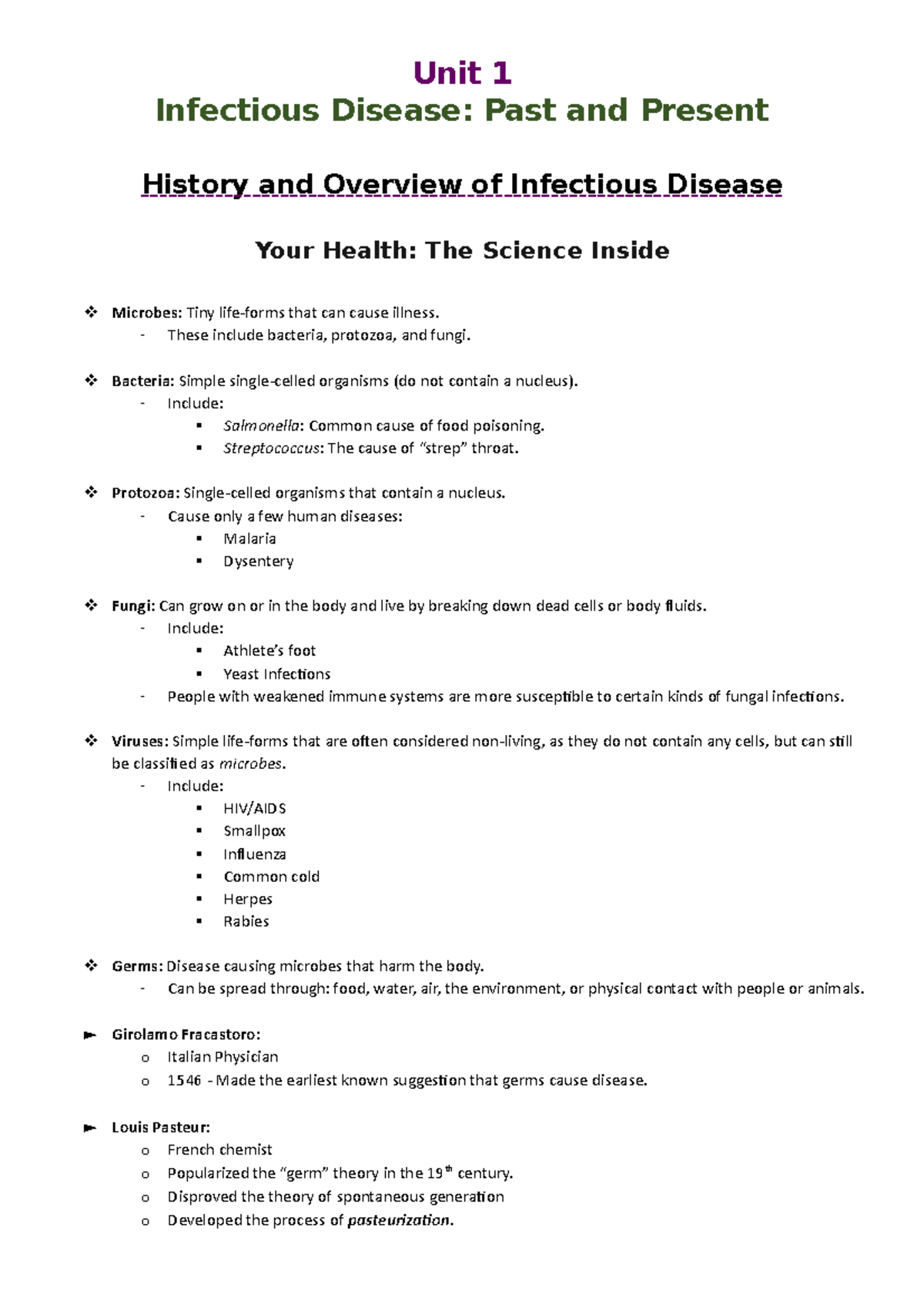 HS 2212 Notes - Unit 1 Infectious Disease: Past and Present History and ...