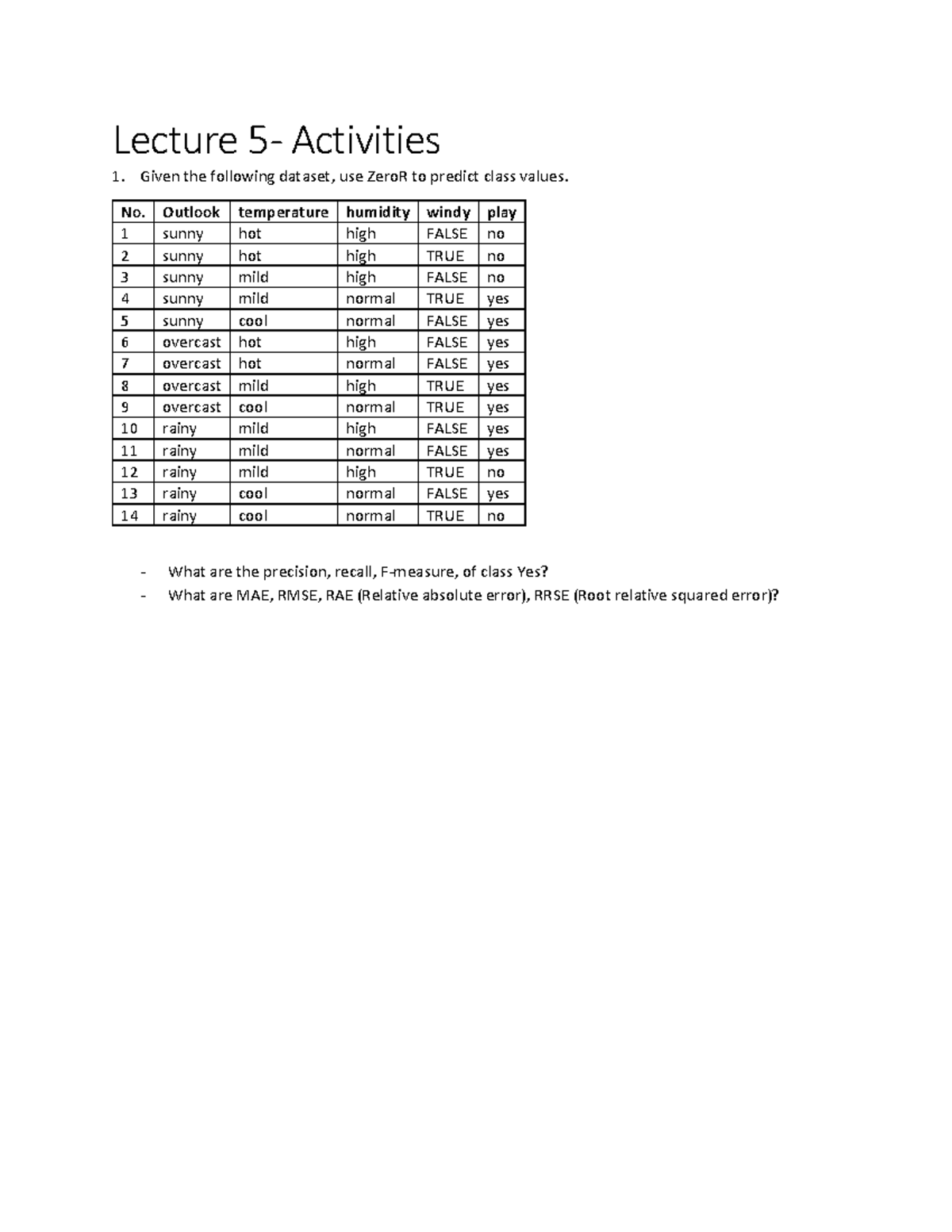 Lec5-Activities - Lecture slides - Lecture 5- Activities 1. Given the following dataset, use ...