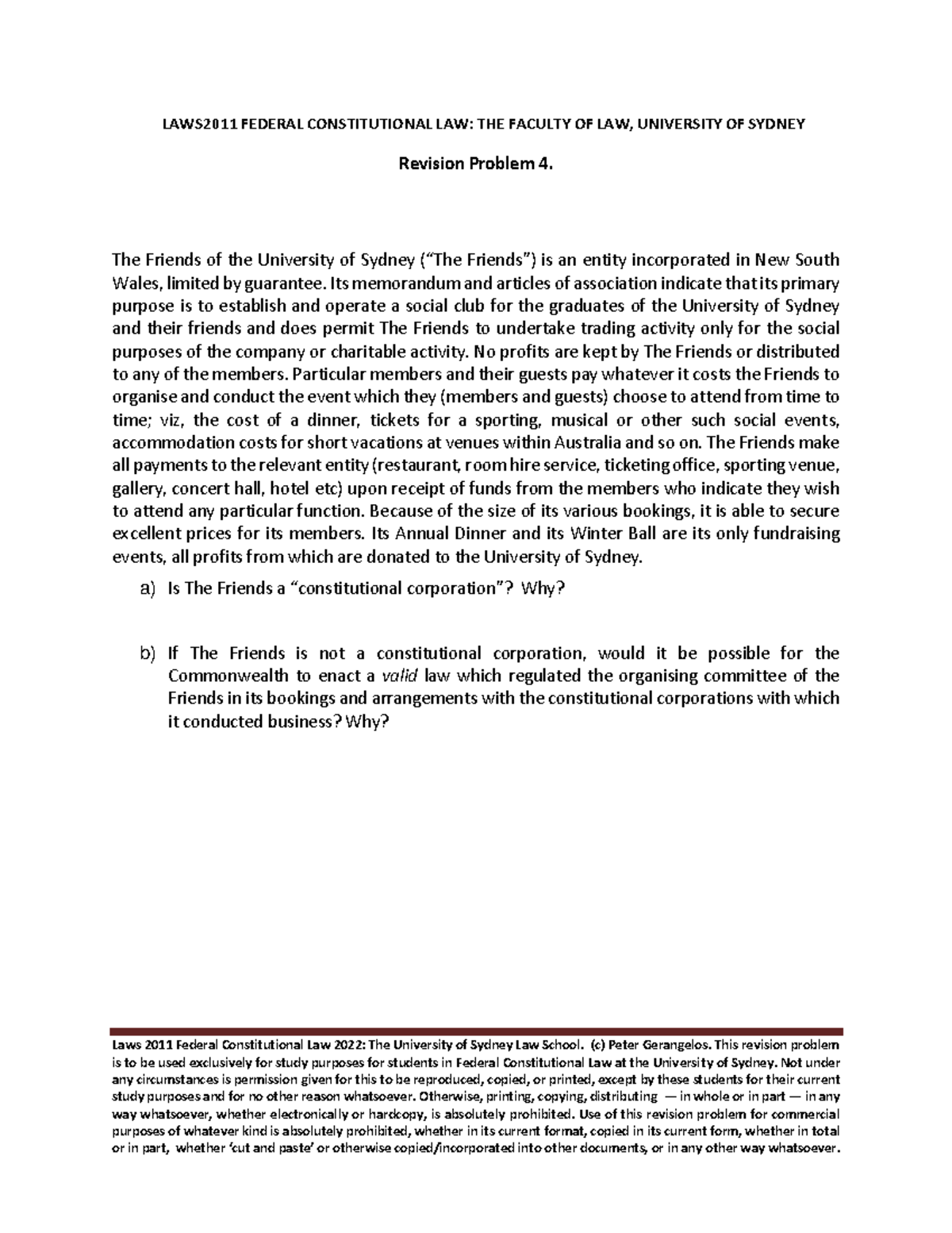 4 - Corps - Revision Problem - Laws 2011 Federal Constitutional Law 202 ...