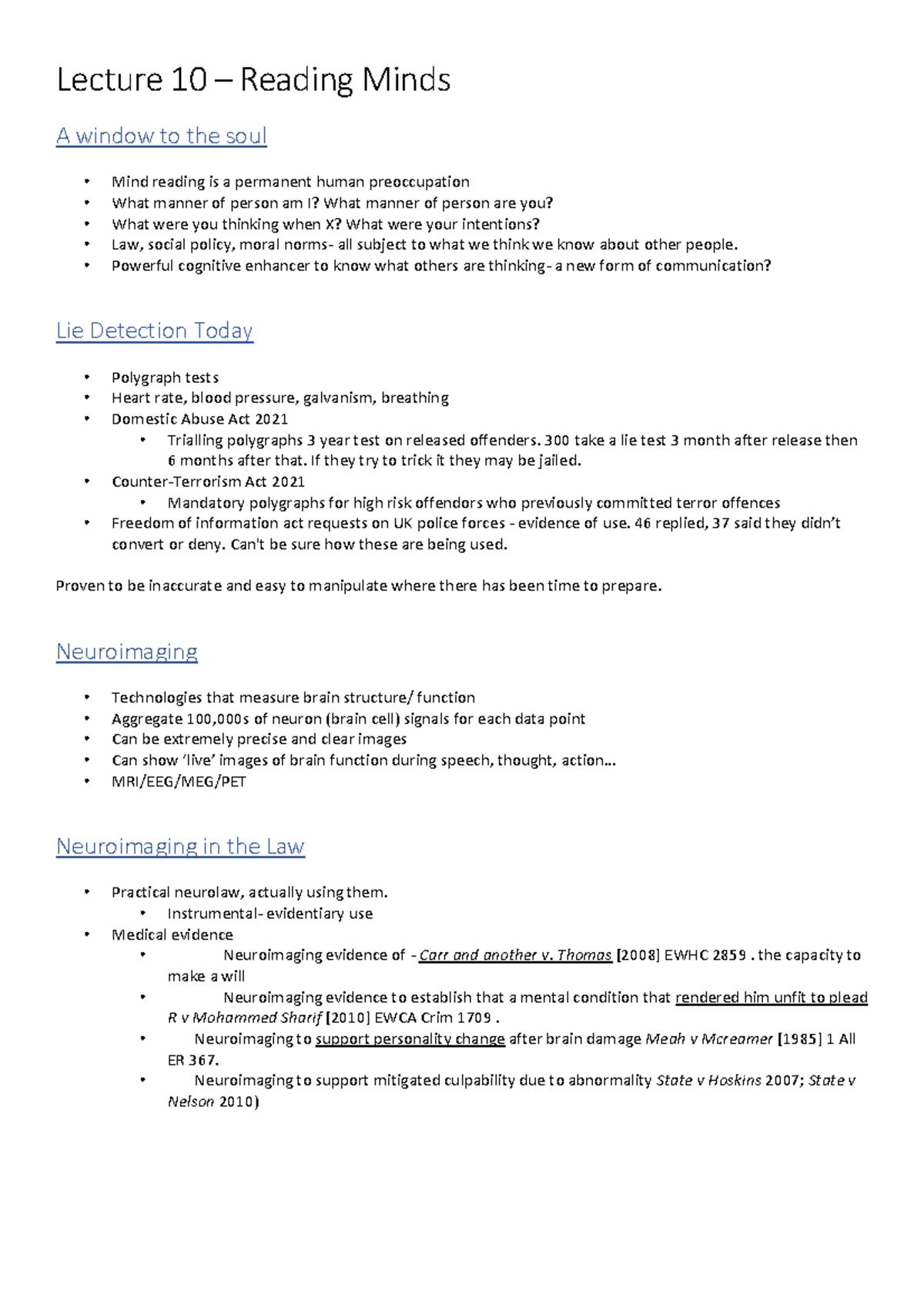 Reading Minds Lecture 10 notes - Lecture 10 – Reading Minds A window to ...