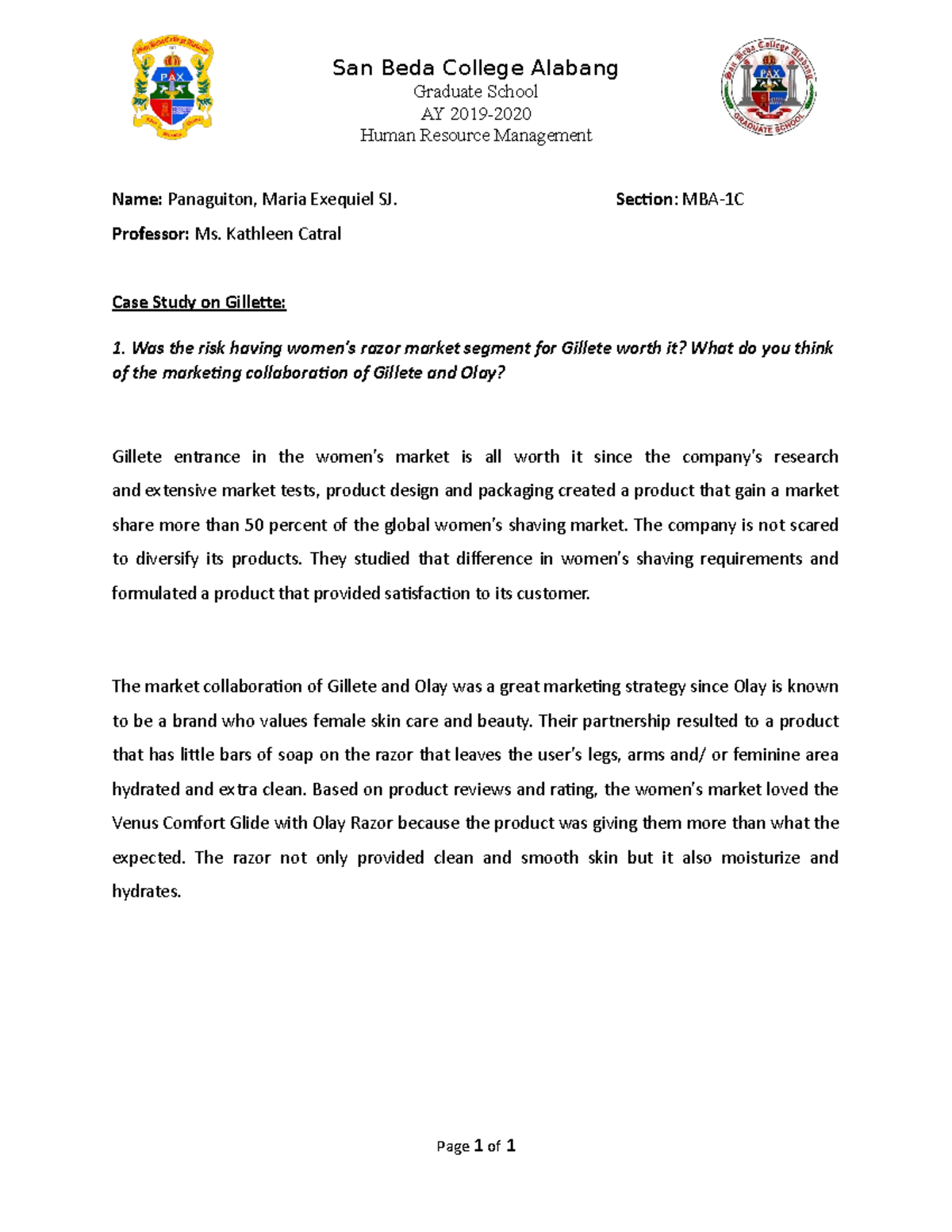 Case- Gillette - San Beda College Alabang Graduate School AY 2019 ...