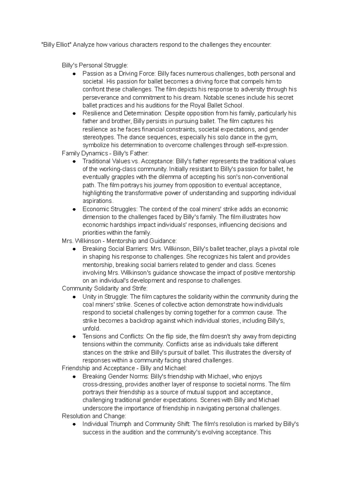 Billy Elliot Analyze how various characters respond to the challenges ...