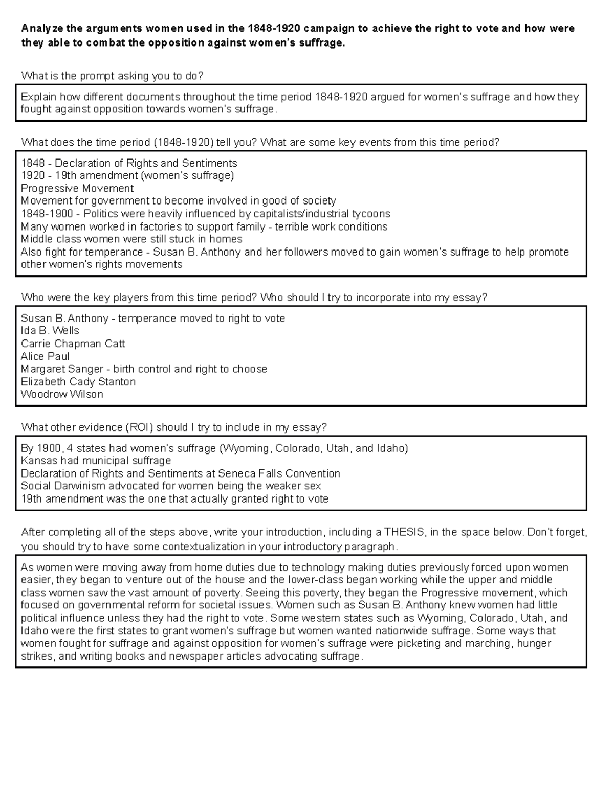 H. Women s Suffrage DBQ Intro - Analyze the arguments women used in the ...