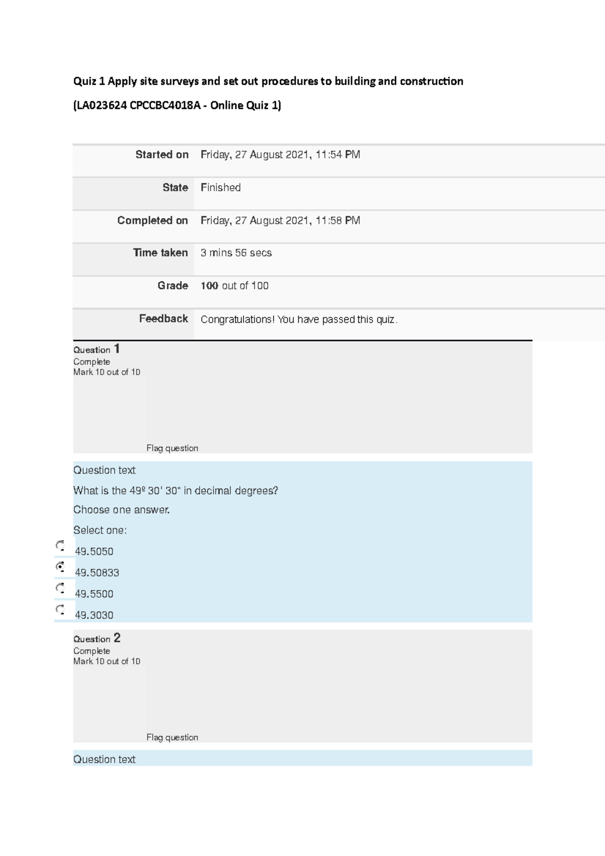 Quiz 1 Apply site surveys and set out procedures to building and ...