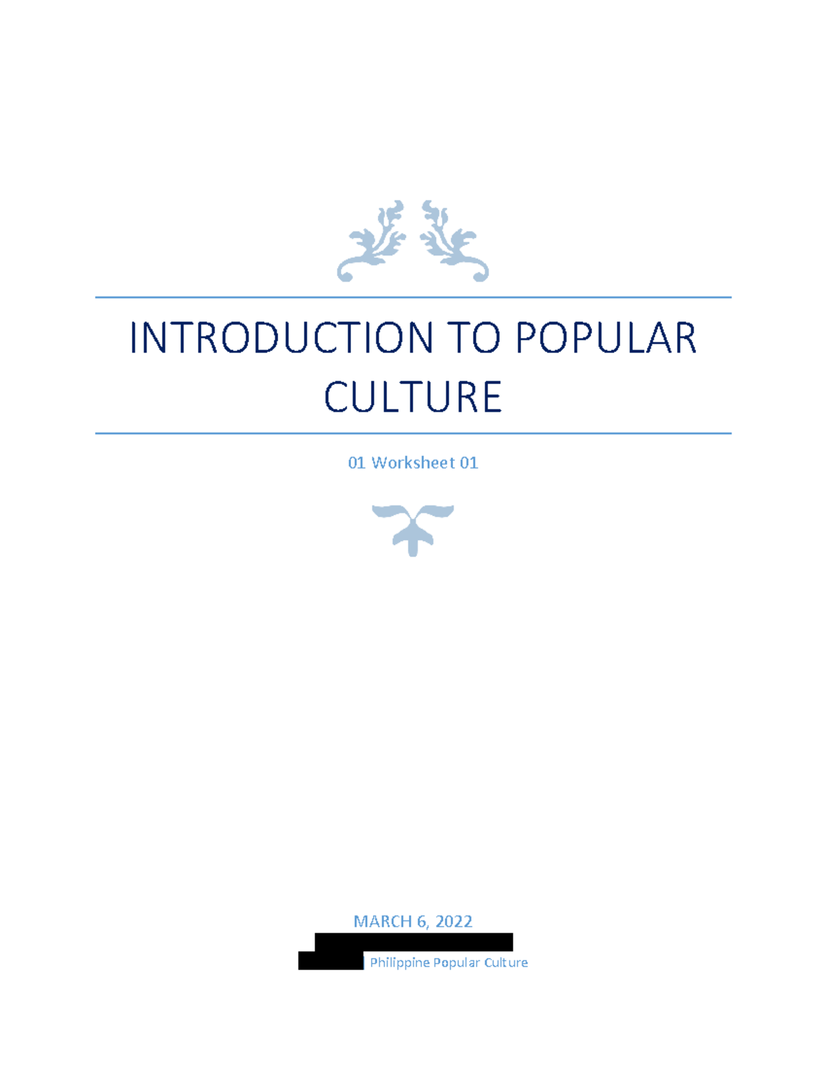 01 Worksheet 01 Introduction to Popular Culture - INTRODUCTION TO ...