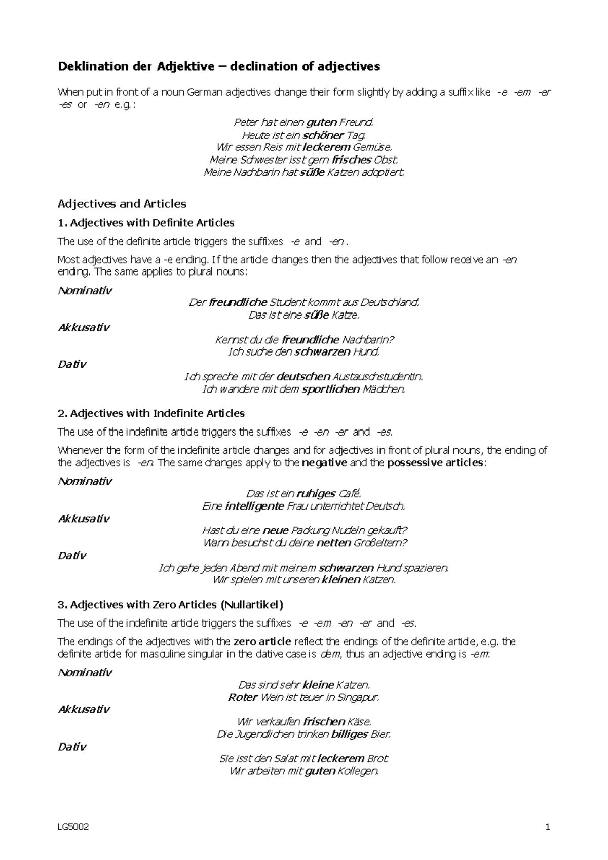 LG5002 Grammar Notes - Deklination der Adjektive – declination of ...