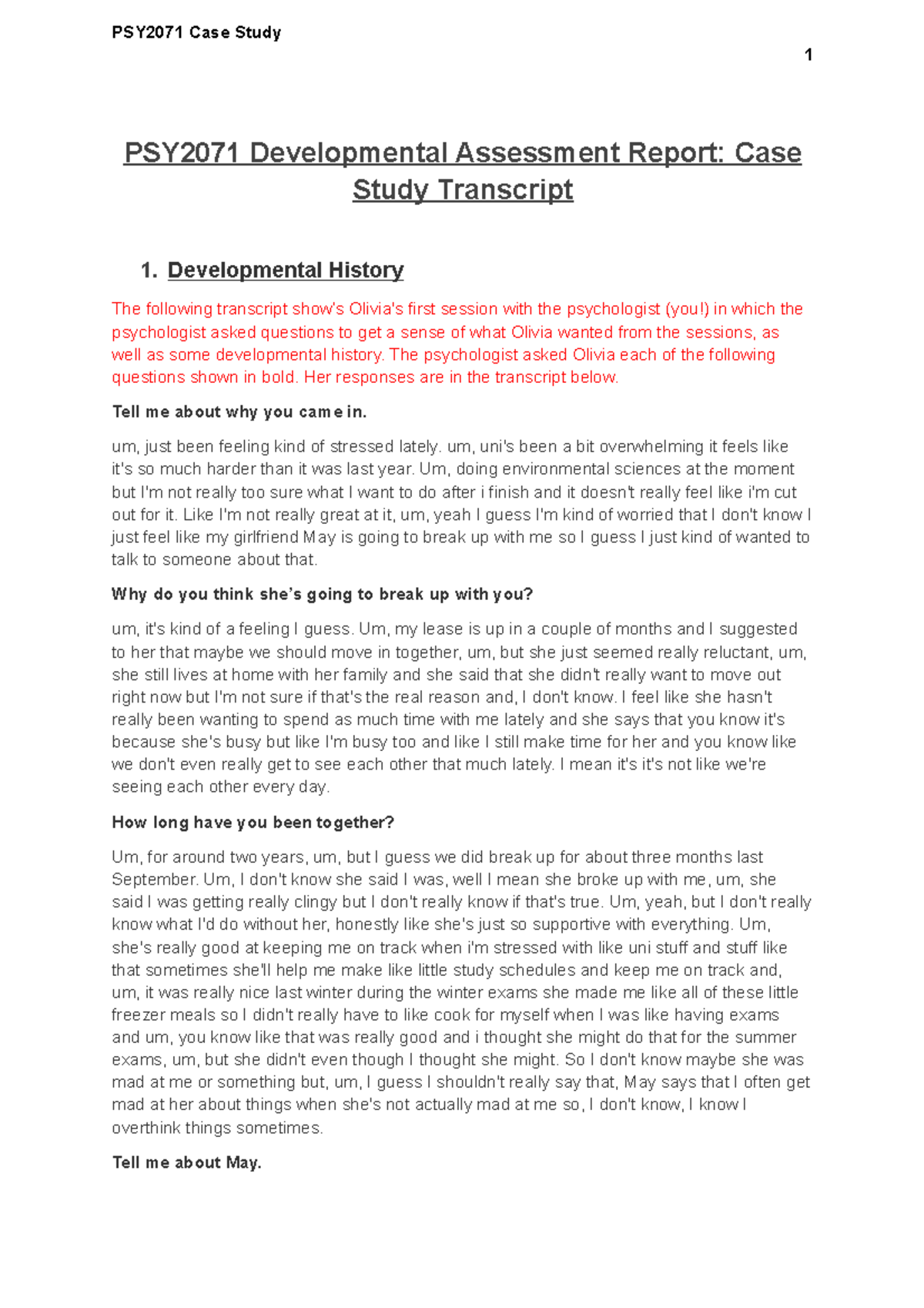 PSY2071 Case Study Video Transcript (Olivia) - 1 PSY2071 Developmental ...
