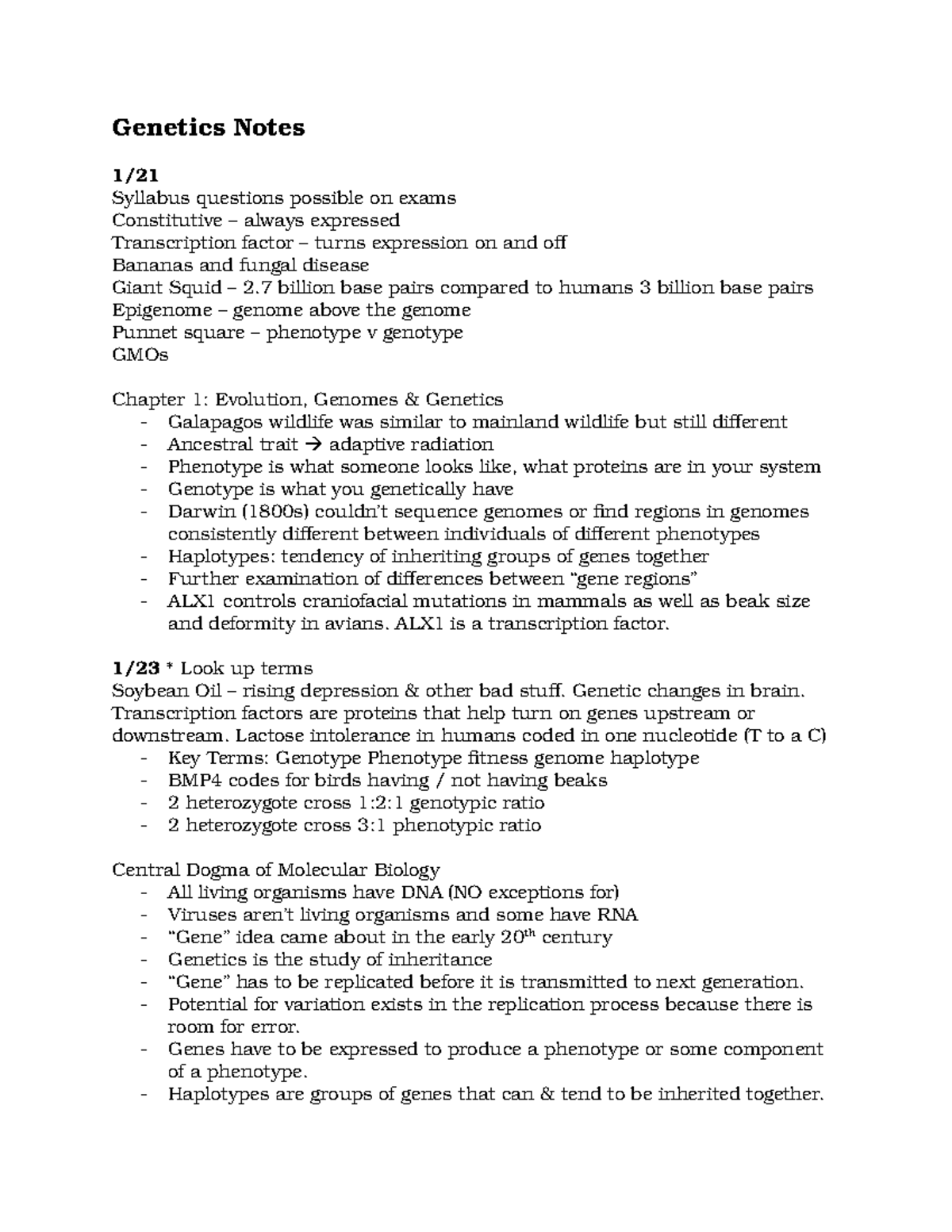 Genetics Exam 1 Notes - Genetics Notes 1/ Syllabus questions possible ...