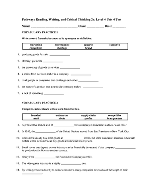 Pathways Reading, Writing, and Critical Thinking 2e Level 4 Unit 2 Test ...