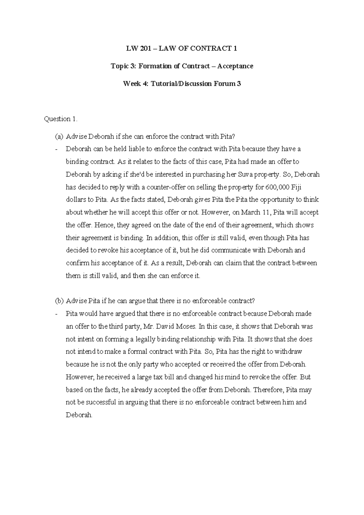 LW 201 Tutorial 3 - LW 201 – LAW OF CONTRACT 1 Topic 3: Formation of ...