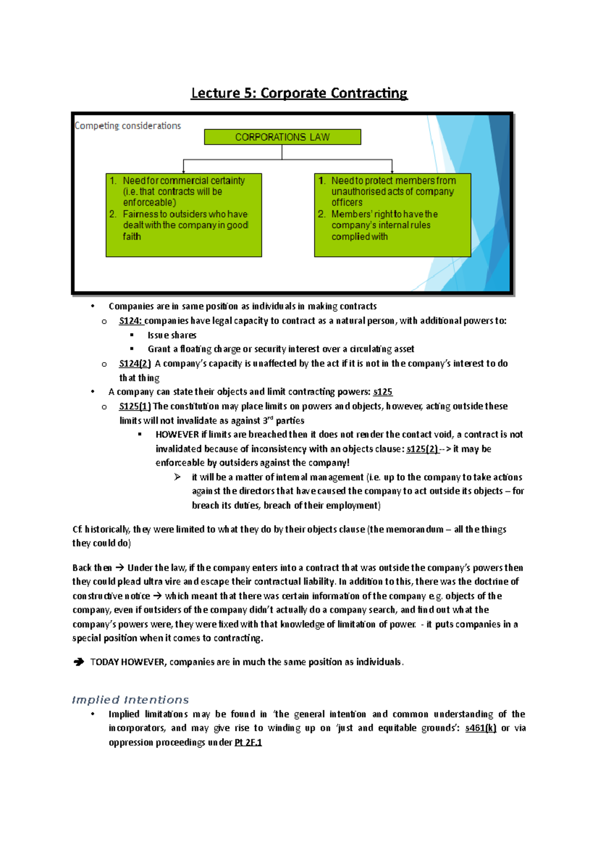 lobo notes 2020 - Lecture 5: Corporate Contracting Companies are in ...