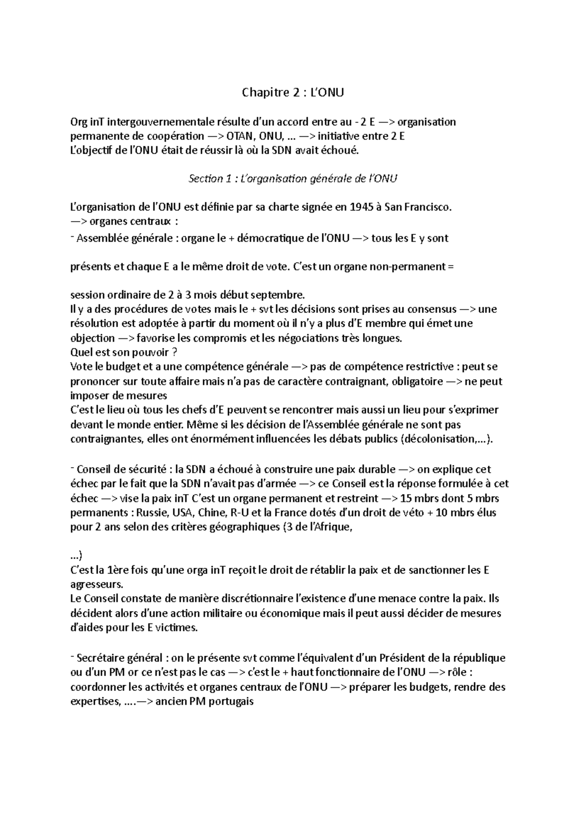 Ri part2 chapitre 2 - Chapitre 2 : L’ONU Org inT intergouvernementale résulte d’un accord entre ...