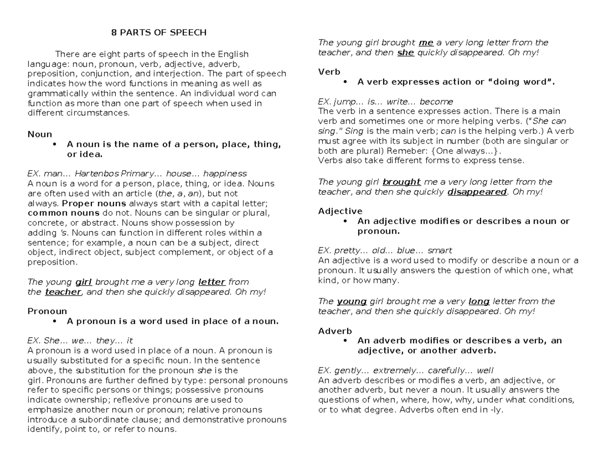 8 Parts OF Speech HAND OUT - 8 PARTS OF SPEECH There are eight parts of ...