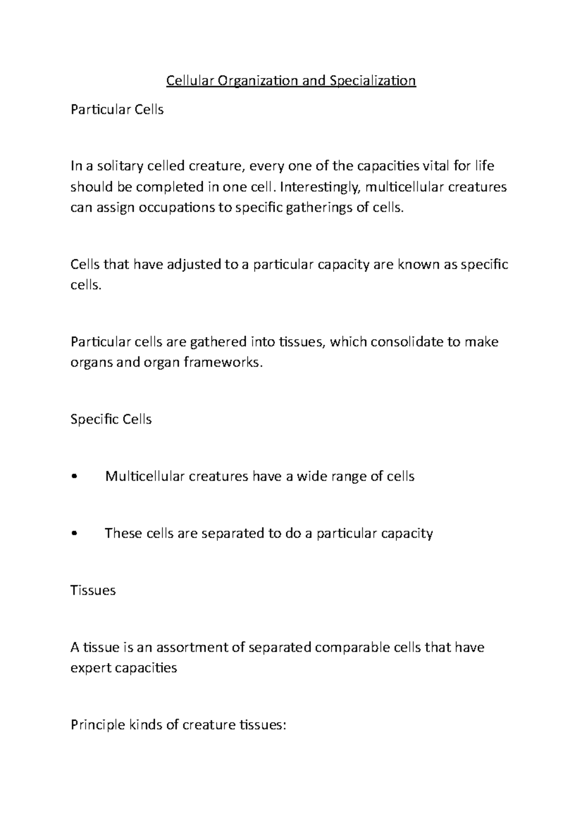 Cellular Organization and Specialization - Cellular Organization and ...