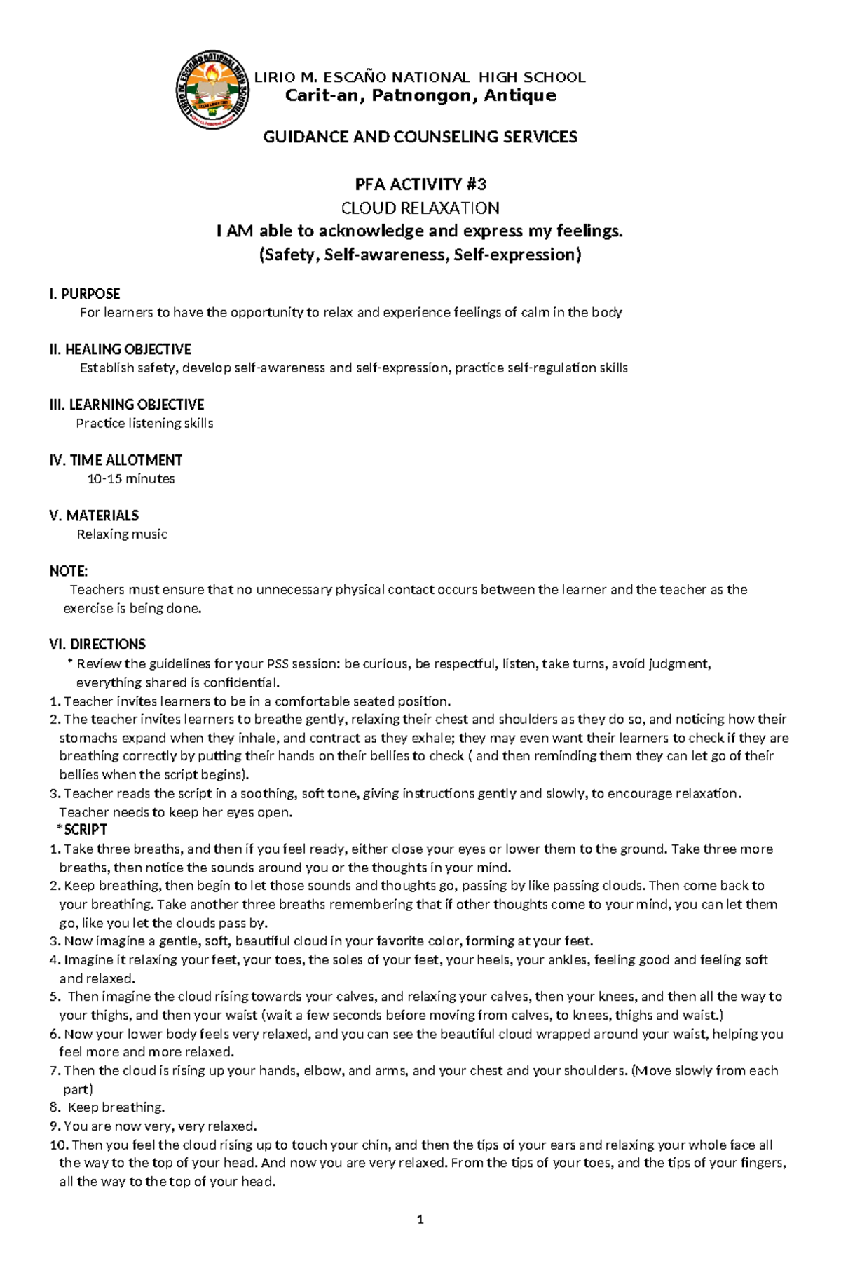 DAY 3 Cloud Relaxation - Sample Lesson Plan for PFA - LIRIO M. ESCAÑO NATIONAL HIGH SCHOOL Carit ...