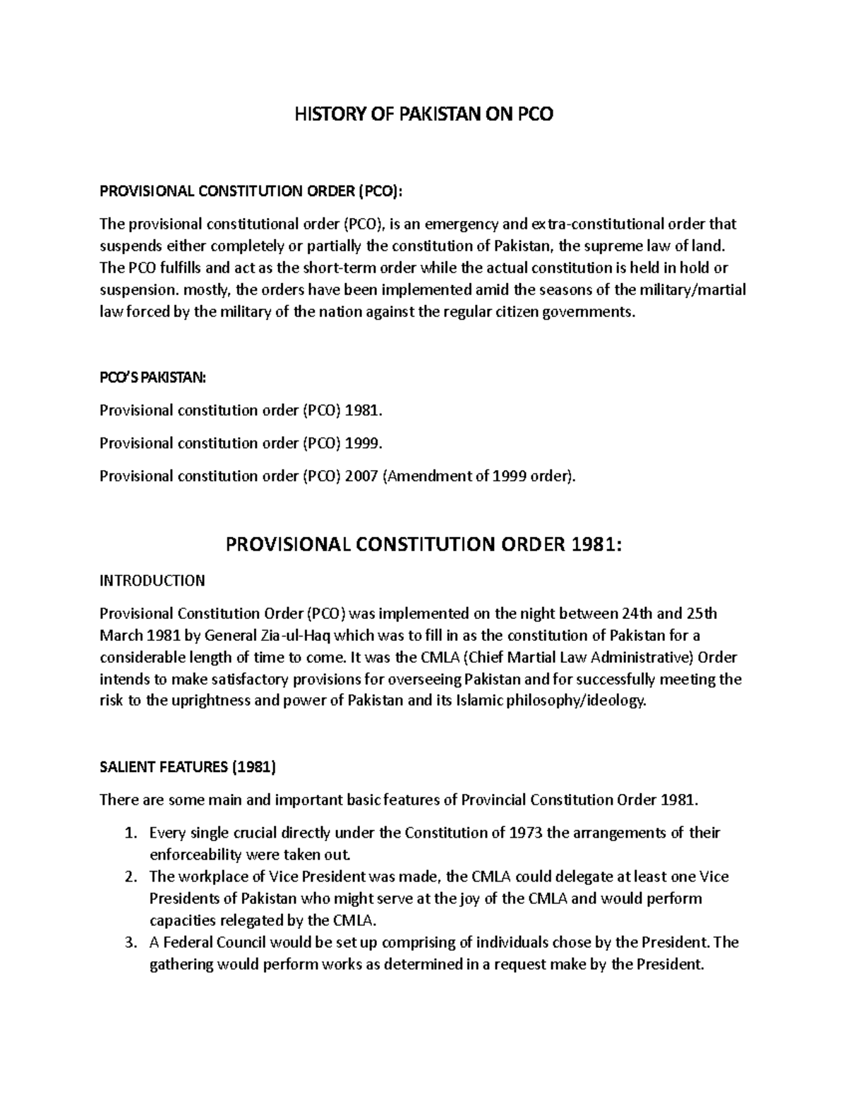 History OF Pakistan ON PCO - HISTORY OF PAKISTAN ON PCO PROVISIONAL ...