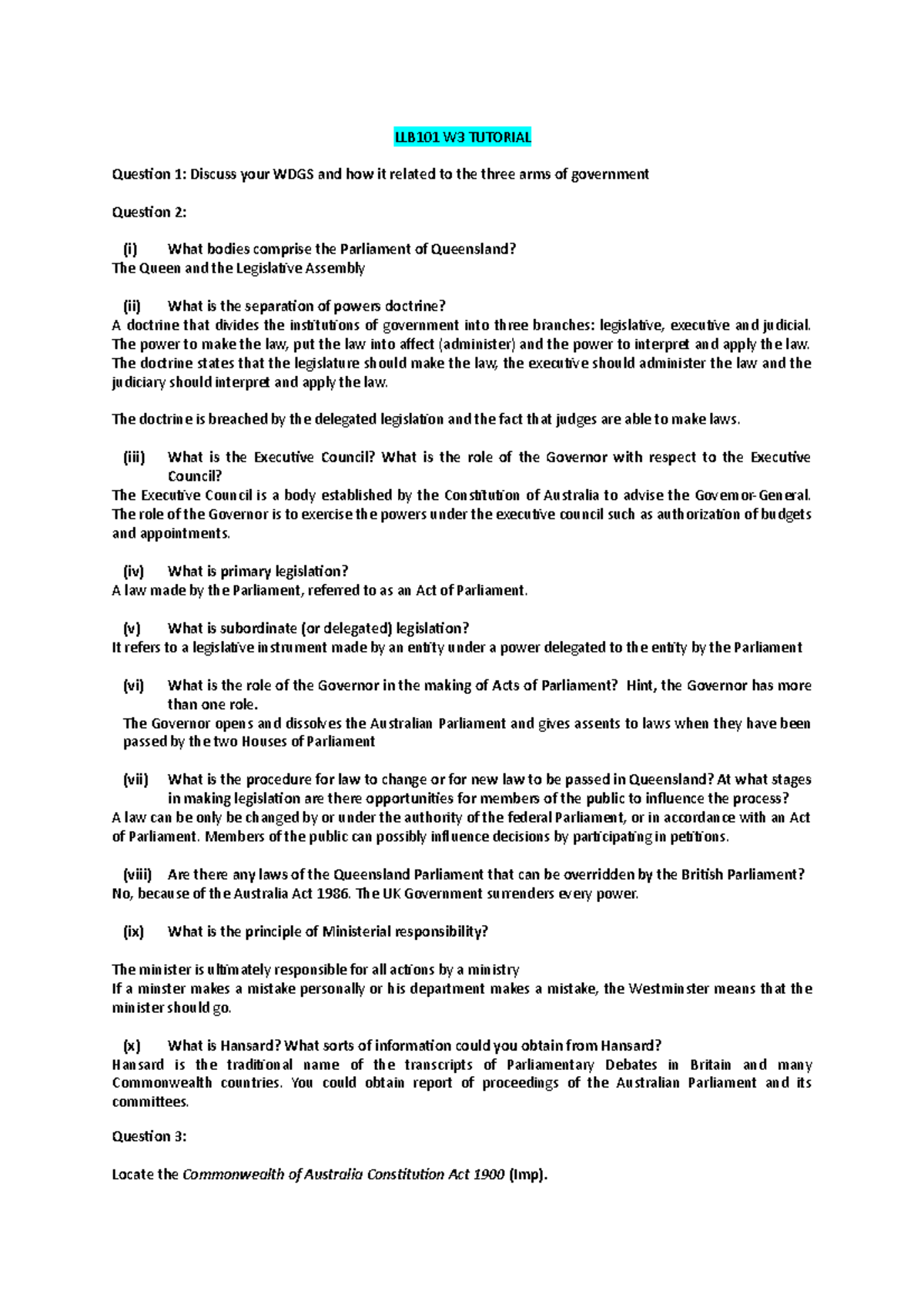 LLB101 W3 Tutorial Questions - LLB101 W3 TUTORIAL Question 1: Discuss your WDGS and how it ...