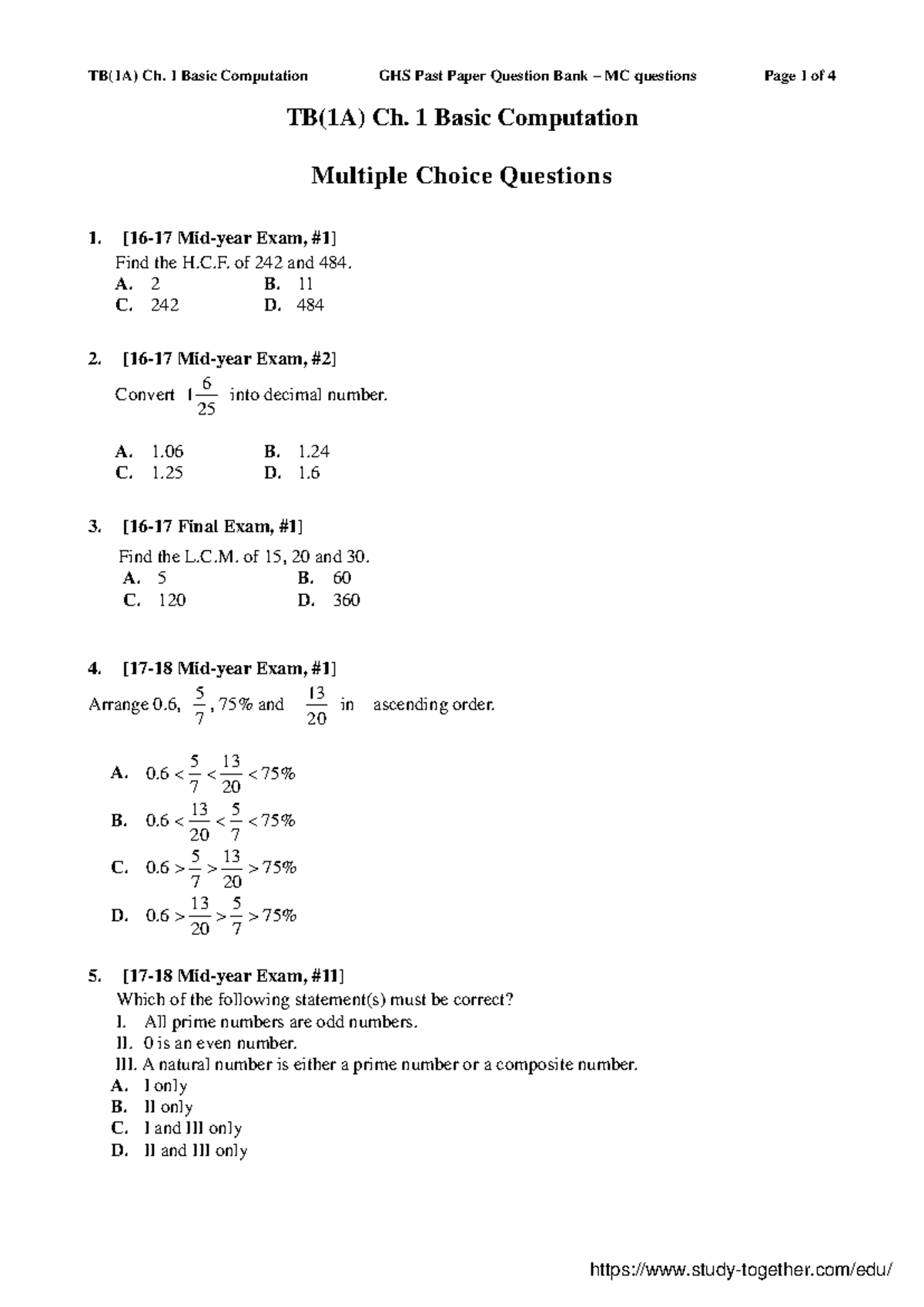16 21 1A Ch - dse f1 math - TB(1A) Ch. 1 Basic Computation Multiple ...