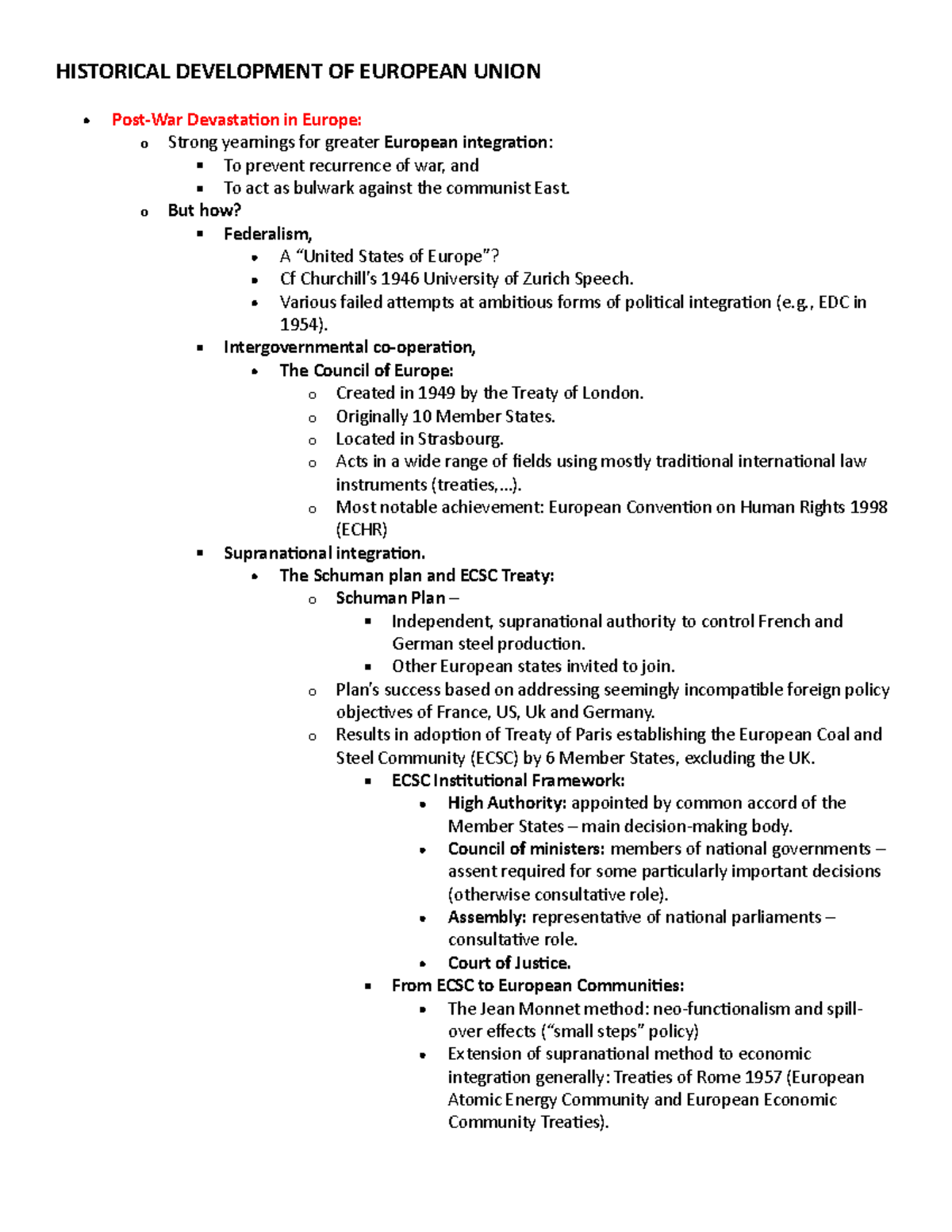 EU LAW Lecture Notes - HISTORICAL DEVELOPMENT OF EUROPEAN UNION Post ...