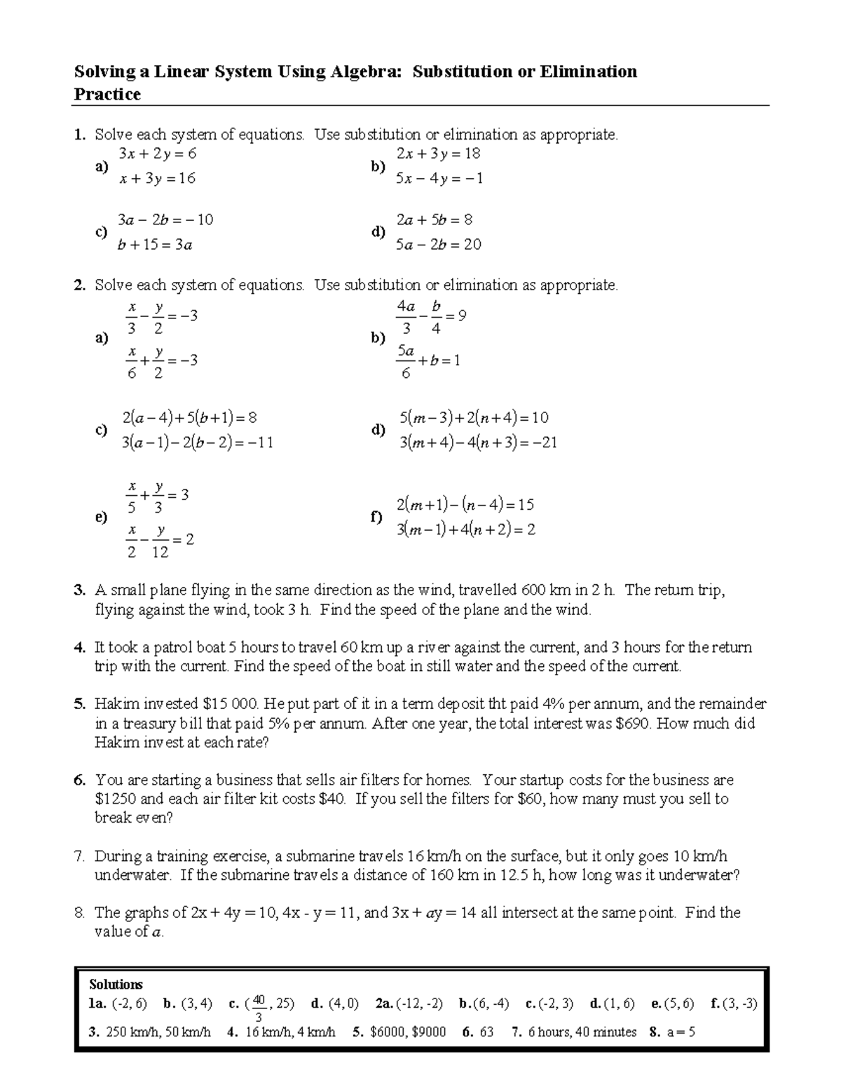 Practice Substitution or Elimination Handout - Solving a Linear System ...