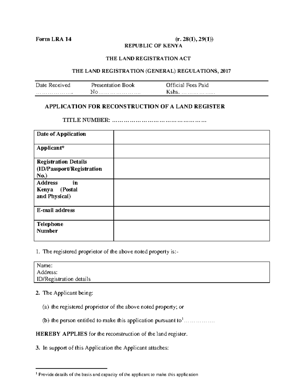 Form-LRA-14 - lands records reconstruction - Form LRA 14 (r. 28(1), 29(1)) REPUBLIC OF KENYA THE ...