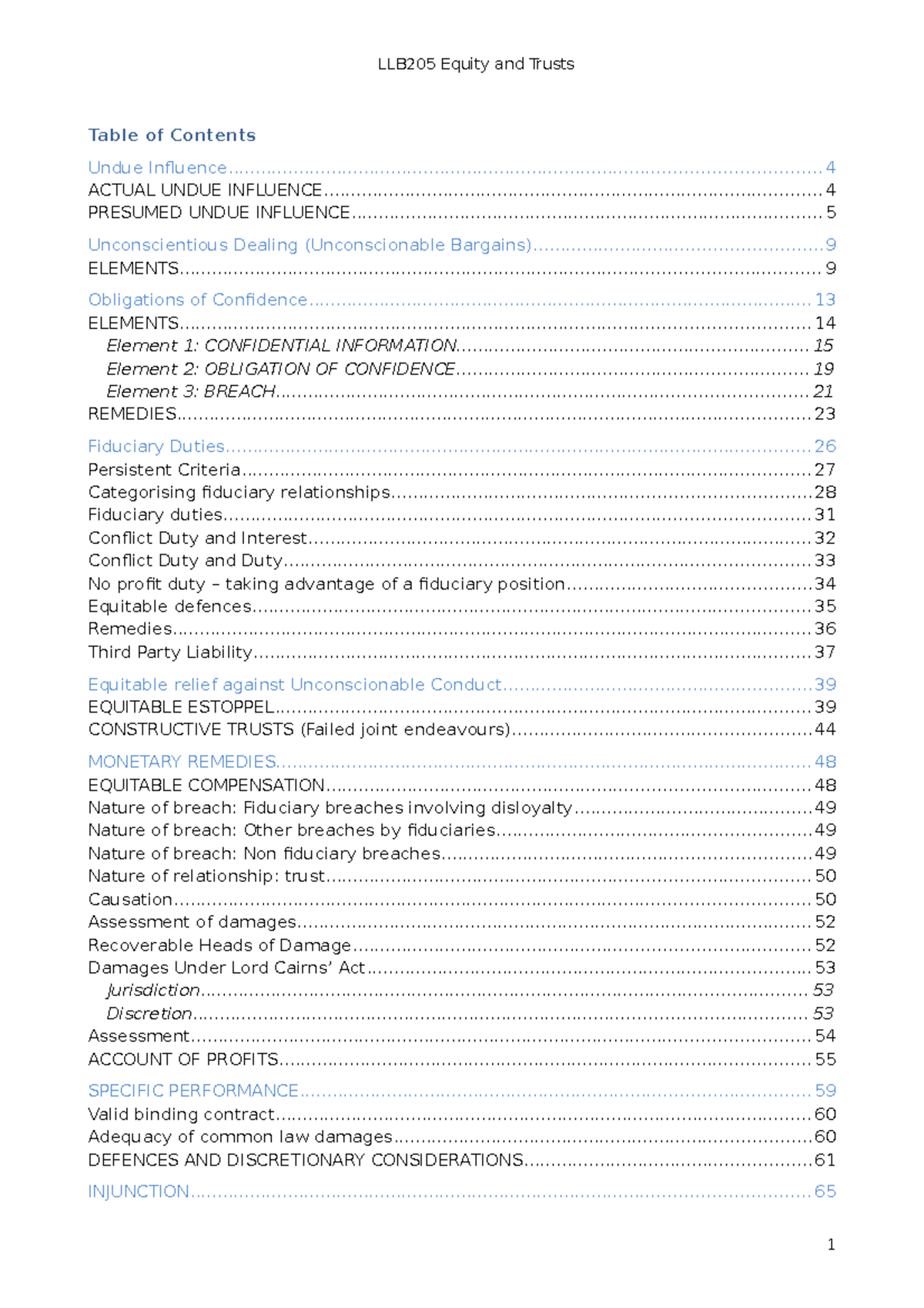 LLB205 - Equity and Trusts Notes - Table of Contents Maxims of Equity ...