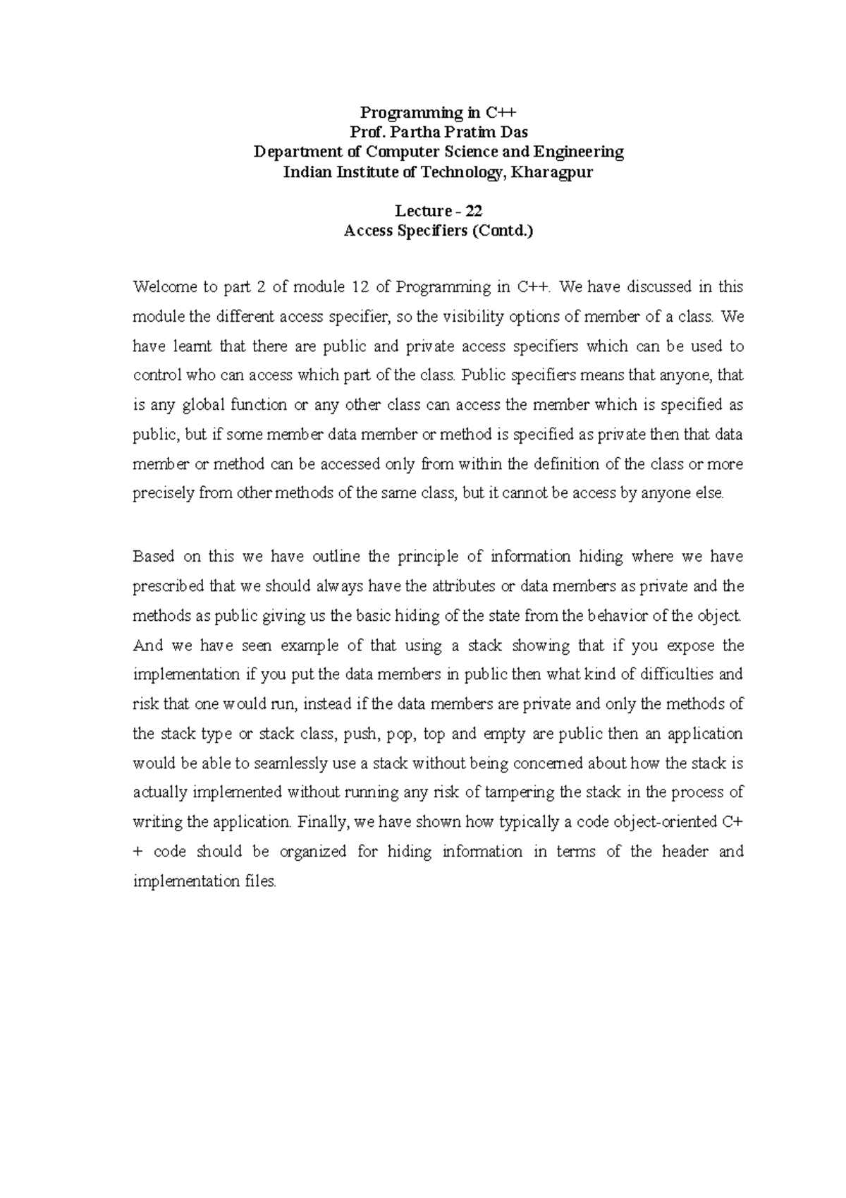 Lec 22 Module 12 Access Specifiers (Contd.) (lecture 22) - Programming in C++ Prof. Partha ...