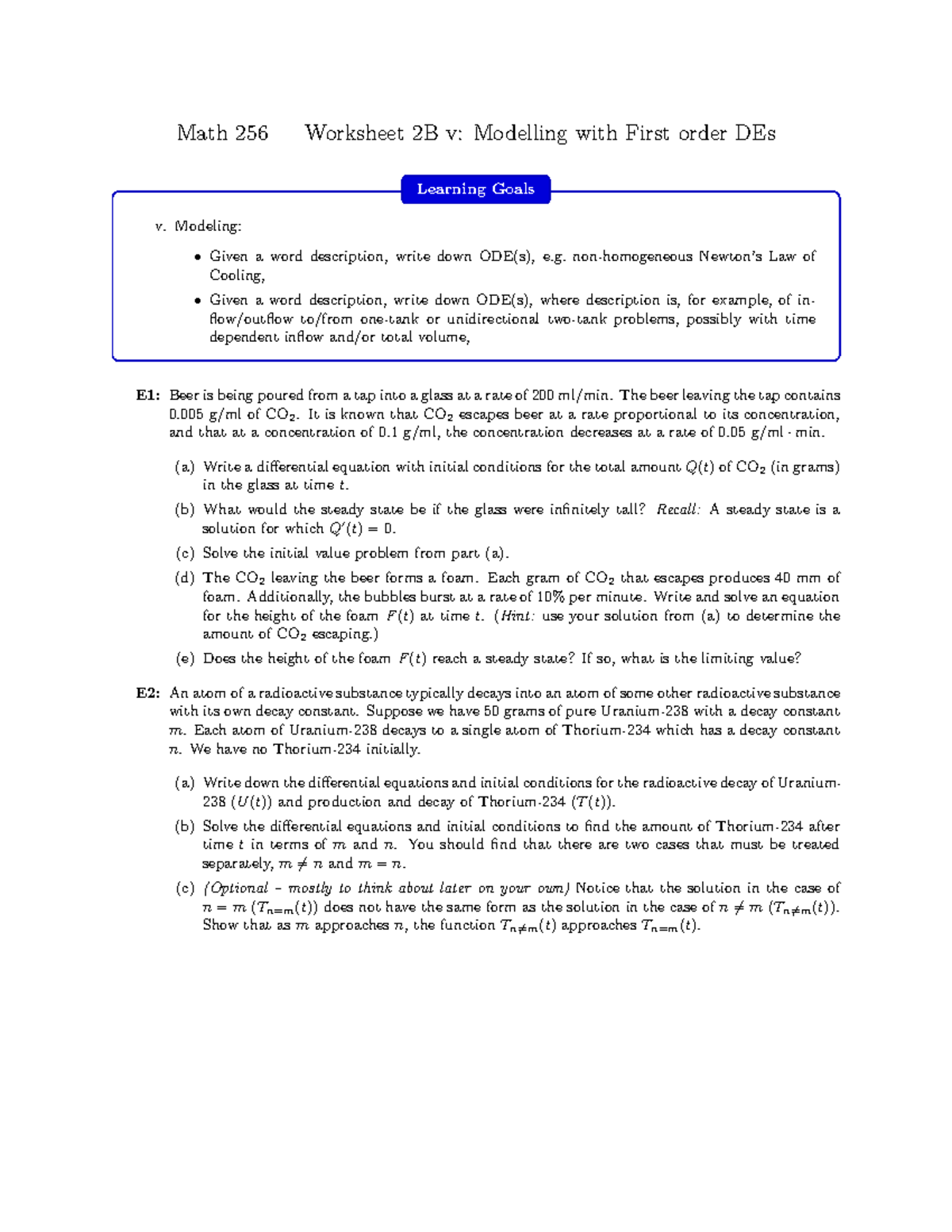 Worksheet 2B v Modelling with DEs - Math 256 Worksheet 2B v: Modelling ...