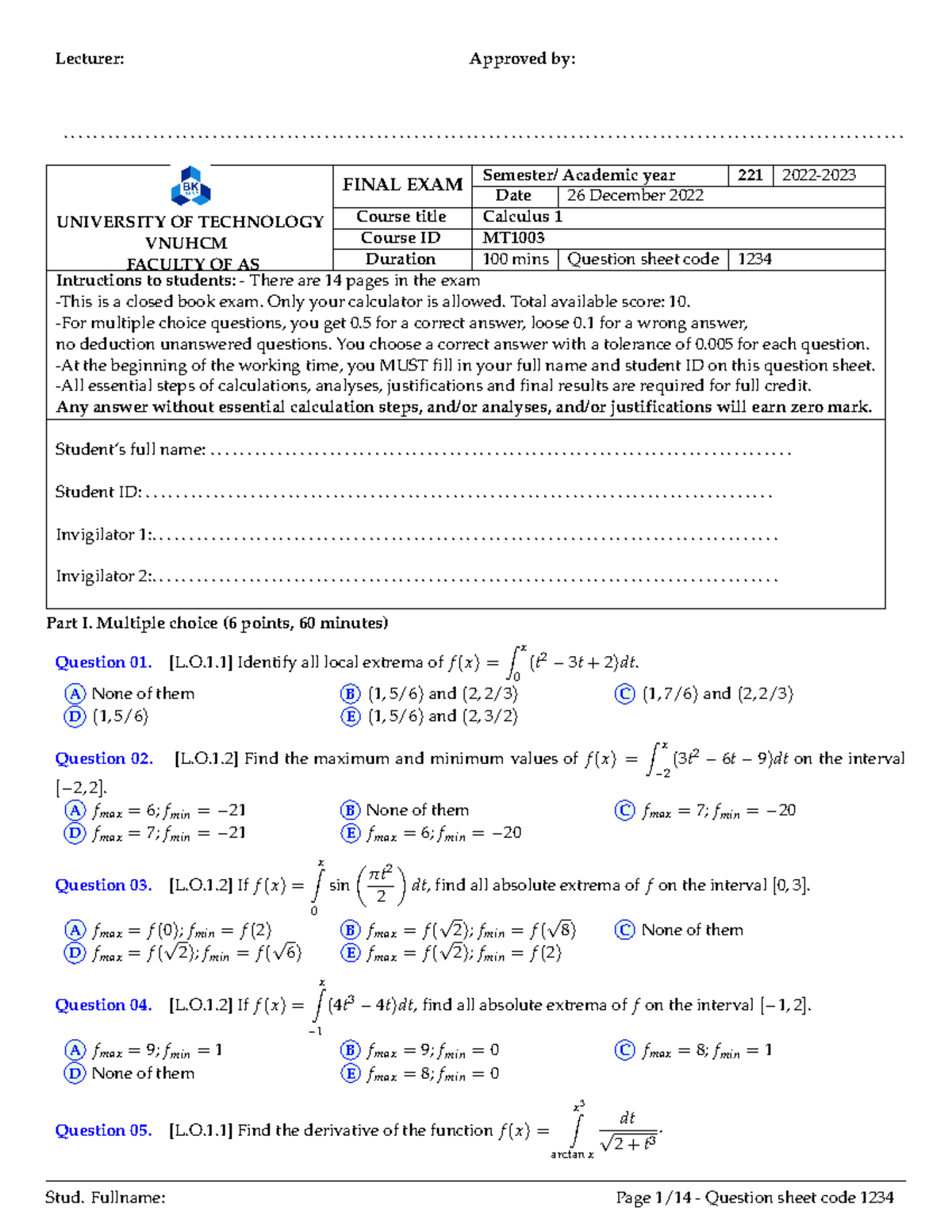 Cal1 Sem221 End Bank LXDai 88Multi 18Wri QA - Lecturer: Approved by ...