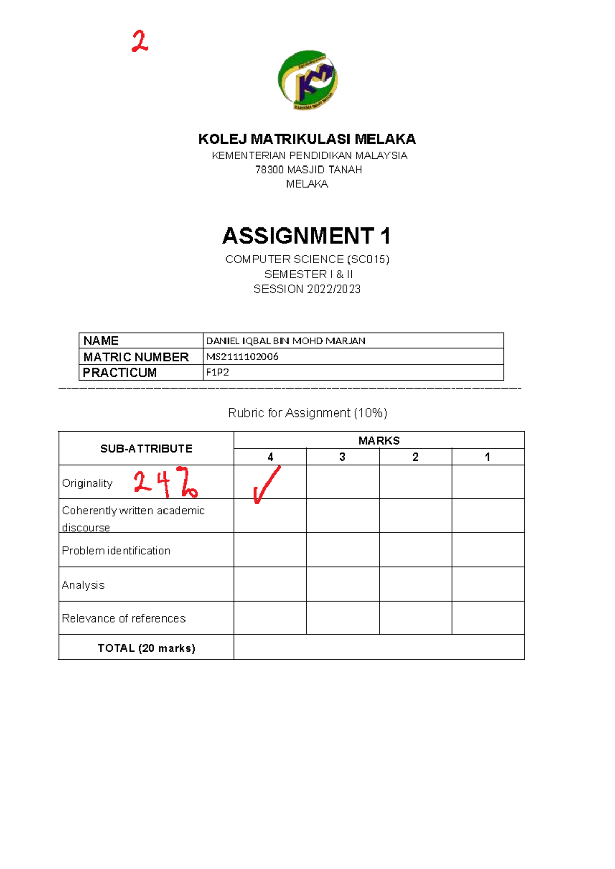 F1P2 Draft Daniel Iqbal checked - KOLEJ MATRIKULASI MELAKA KEMENTERIAN ...