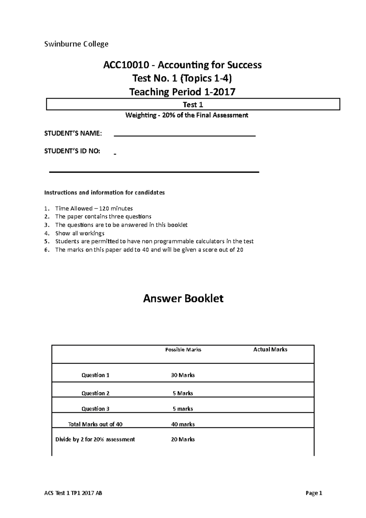 ACS Test 1 Revision Answer Booklet - Swinburne College ACC10010 ...