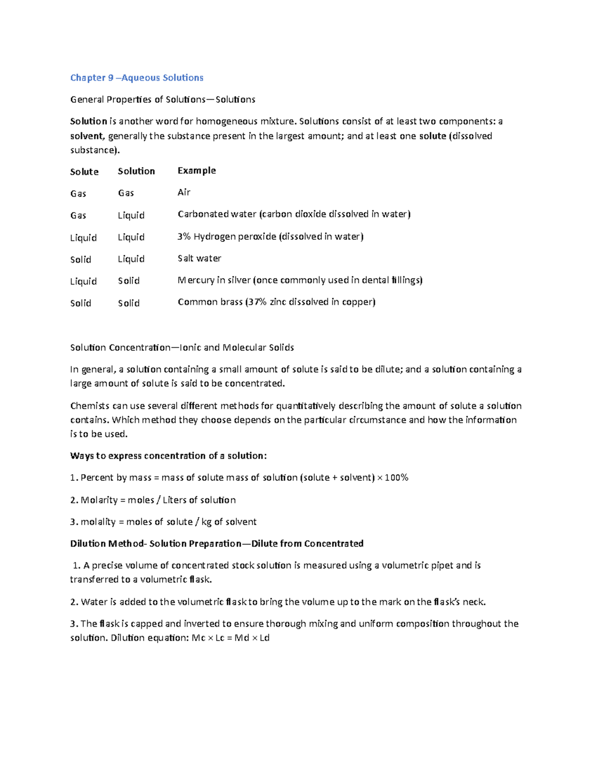 Chapter 9 –Aqueous Solutions - Chapter 9 –Aqueous Solutions General ...