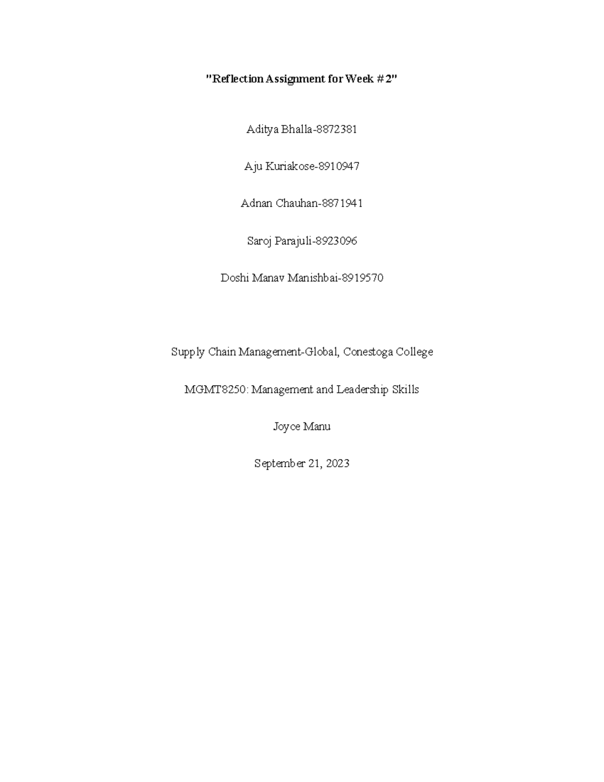 Reflection wk2 - An assignment which is mandatory in class - "Reflection Assignment for Week ...