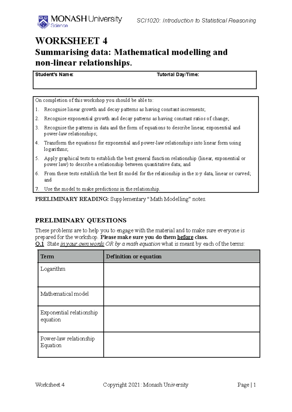 SCI1020 Worksheet 4 - start early ;) - SCI1020: Introduction to ...