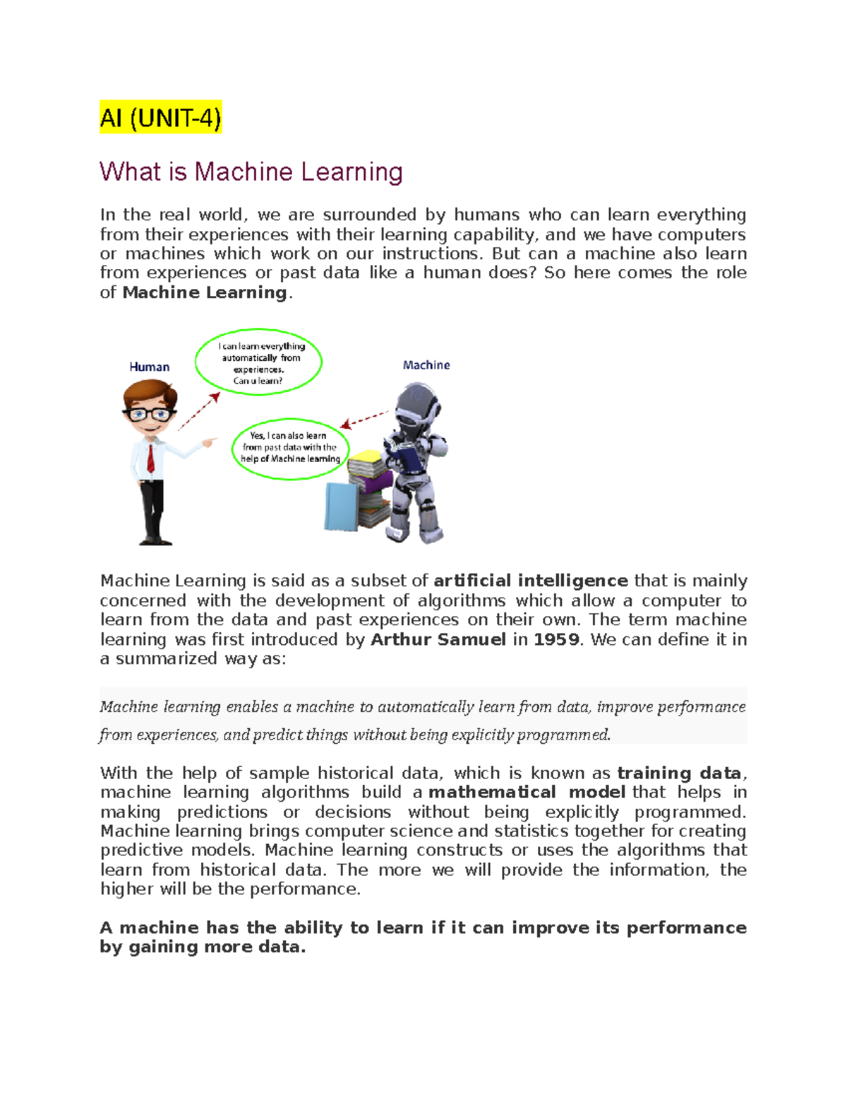 AI(unit4) - notes of AI aktu - AI (UNIT-4) What is Machine Learning In ...